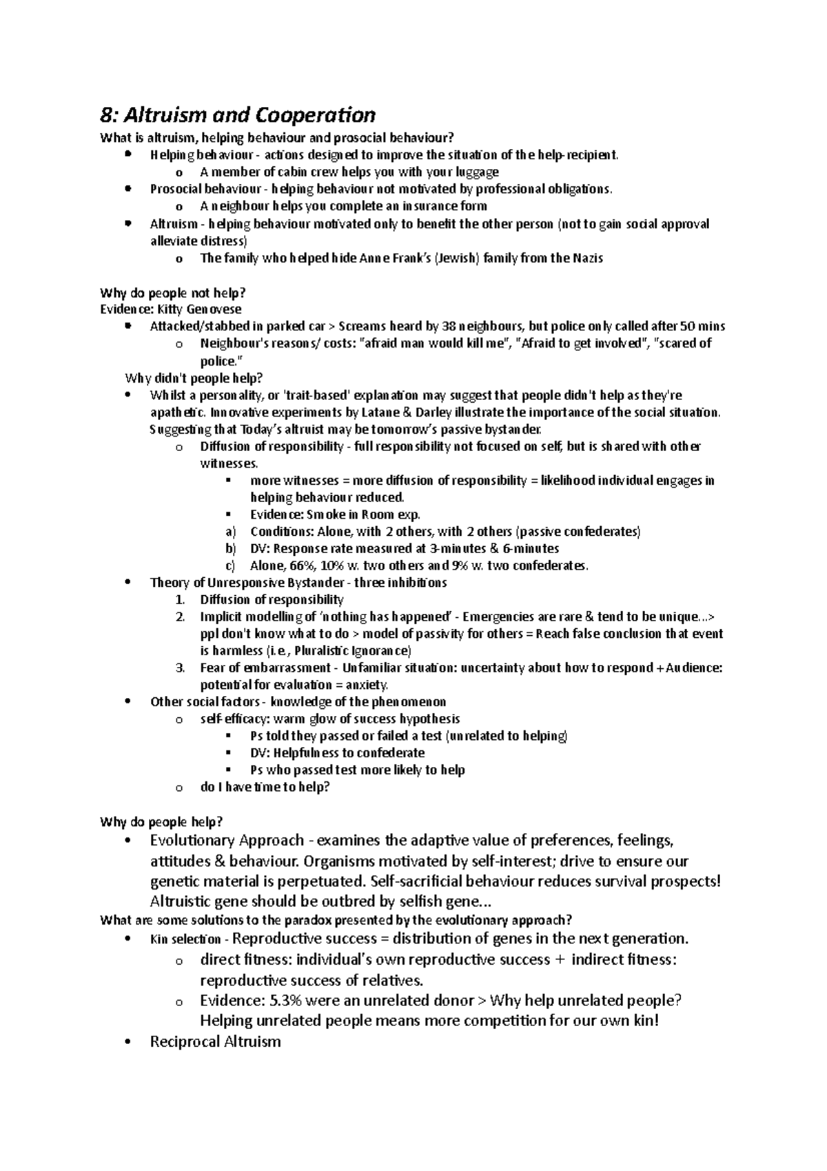 PSYC2212 q and a - Lecture 8 and 11 - 8: Altruism and Cooperation What ...