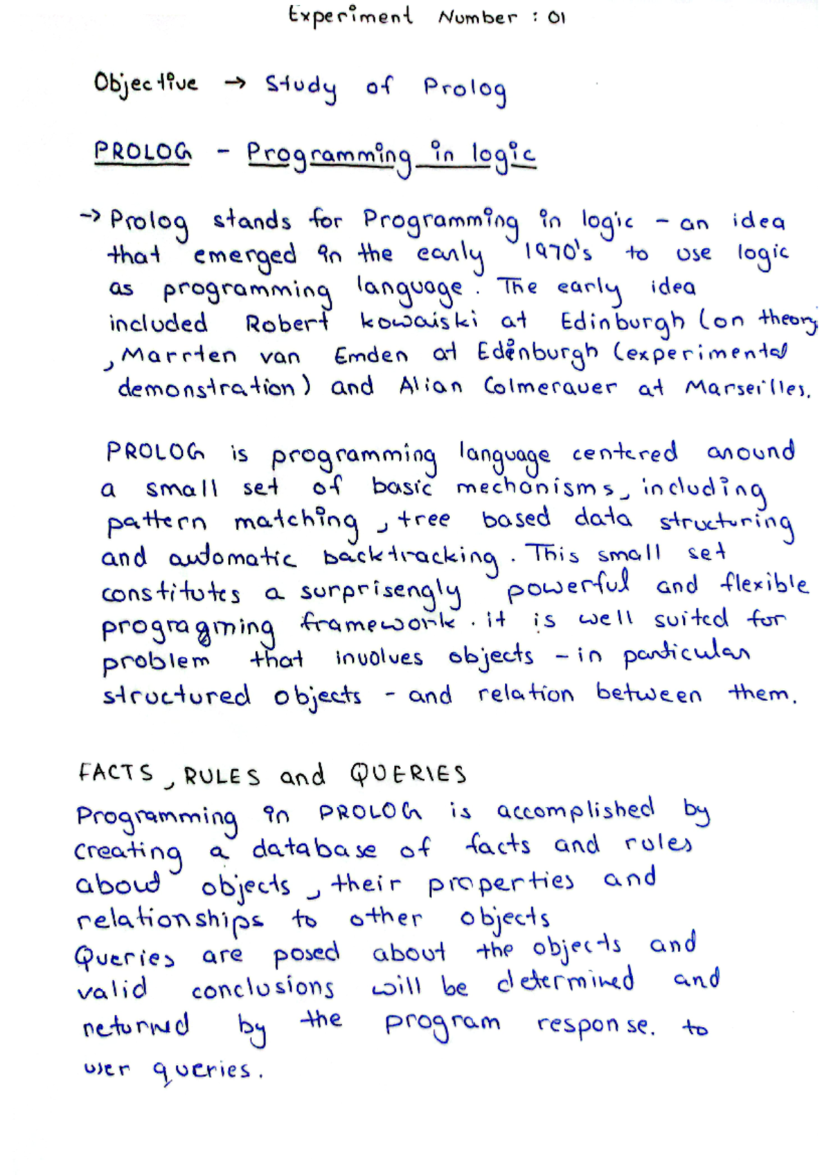 Lab Artificial intelligence - Experiment Number : 01 Objective study of Prolog PROLOG ...