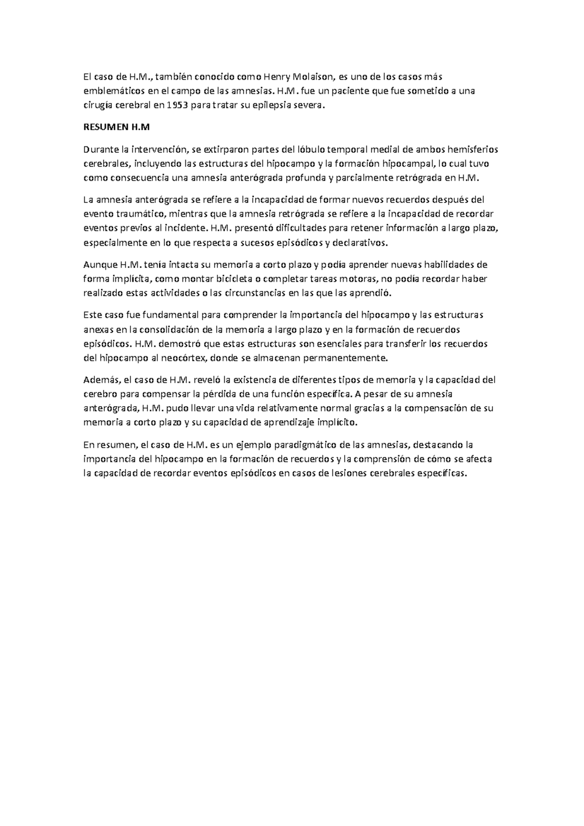 Resumen H.M neuro S13 - El caso de H., también conocido como Henry ...