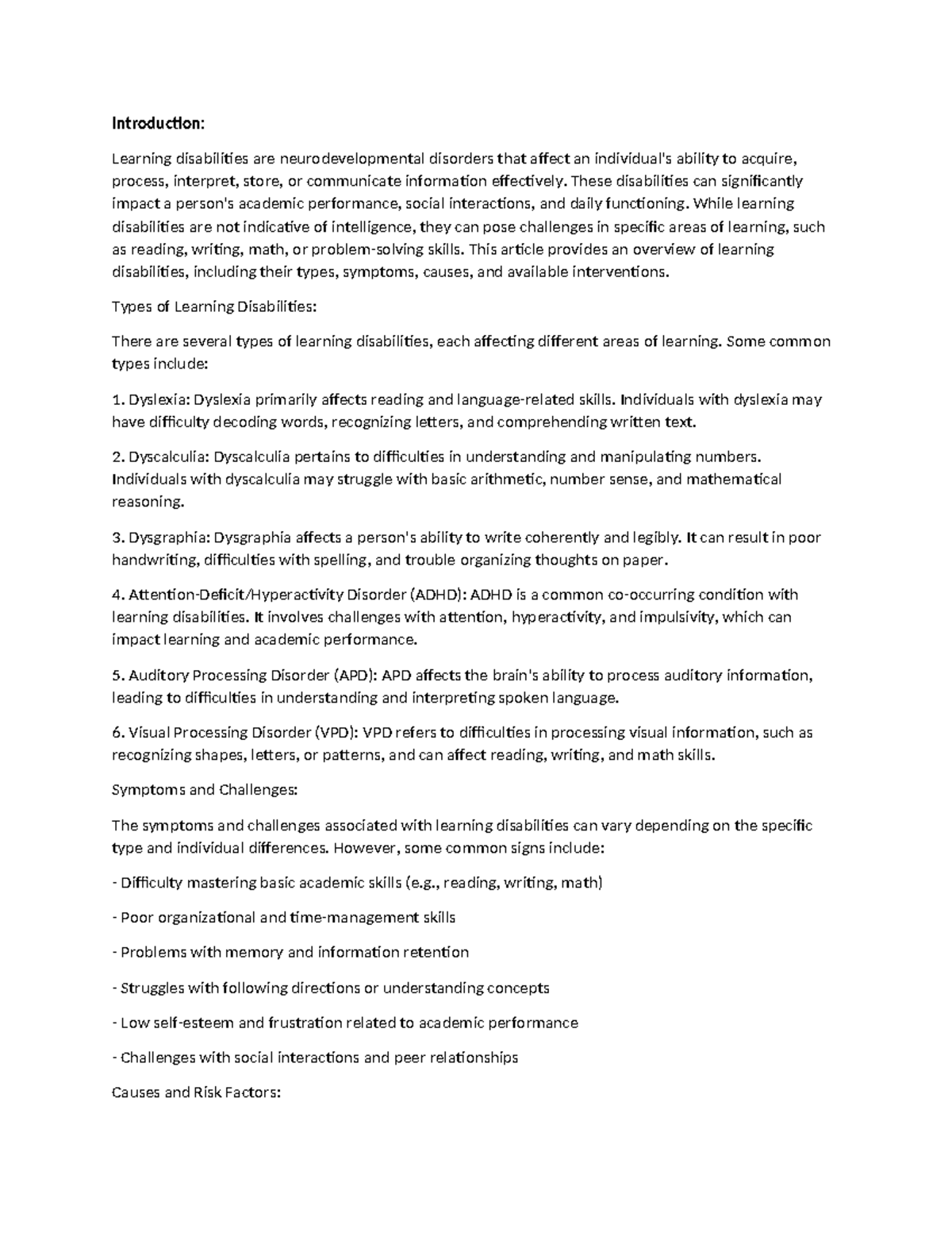 Learning disabilities - Introduction: Learning disabilities are ...