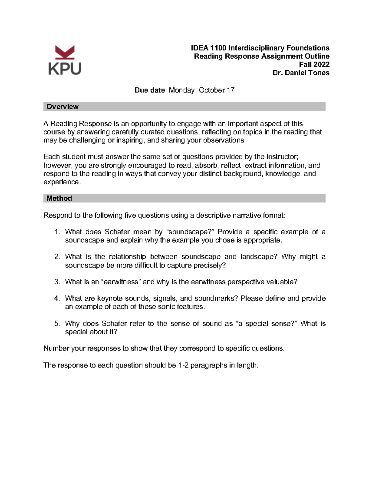 IDEA 1100 Reading Response Assignment Outline fall 2022 - IDEA 1100 ...