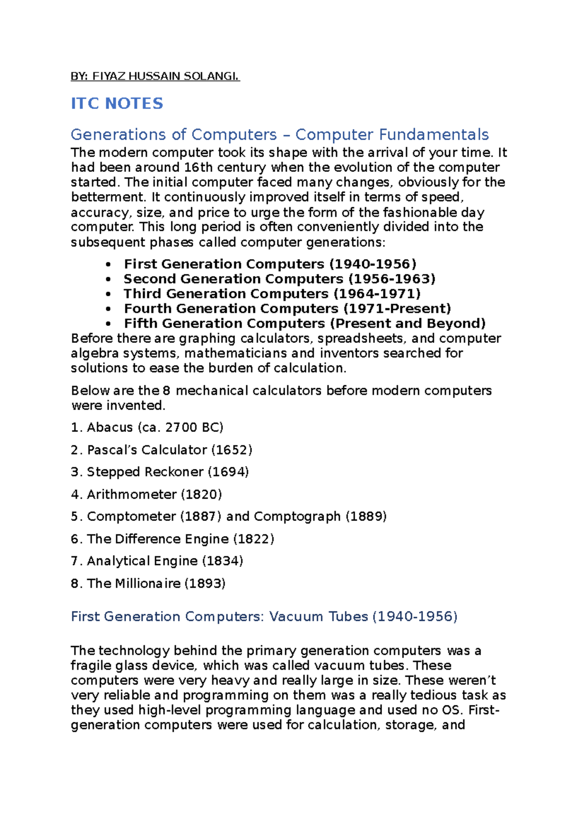 ITC Notes. Generations of computer - BY: FIYAZ HUSSAIN SOLANGI. ITC ...