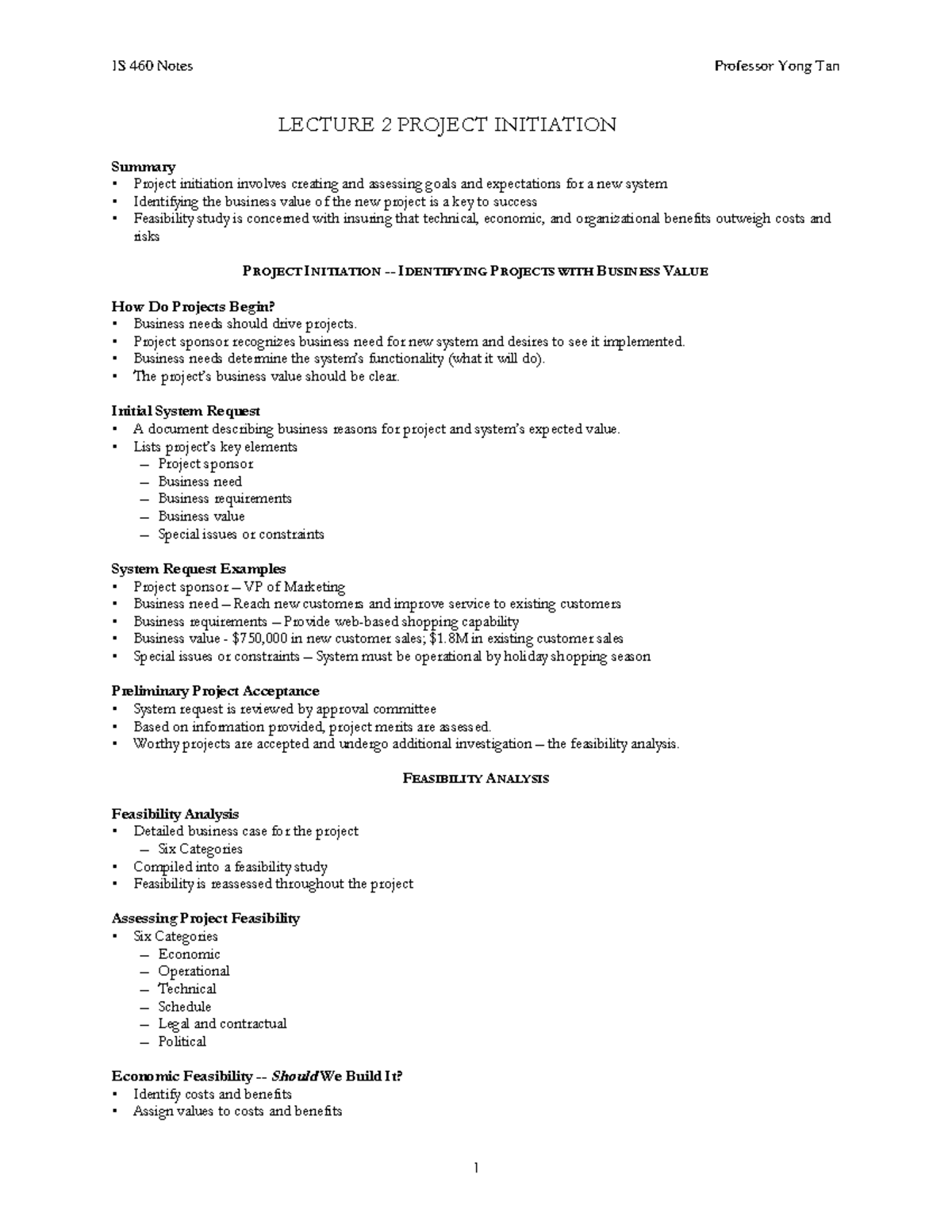 Feasibility Study In Project Management - LECTURE 2 PROJECT INITIATION Summary Project ...