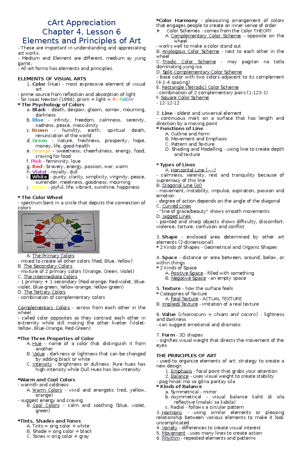 Elements and Principles of Art (notes) - cArt Appreciation Chapter 4 ...