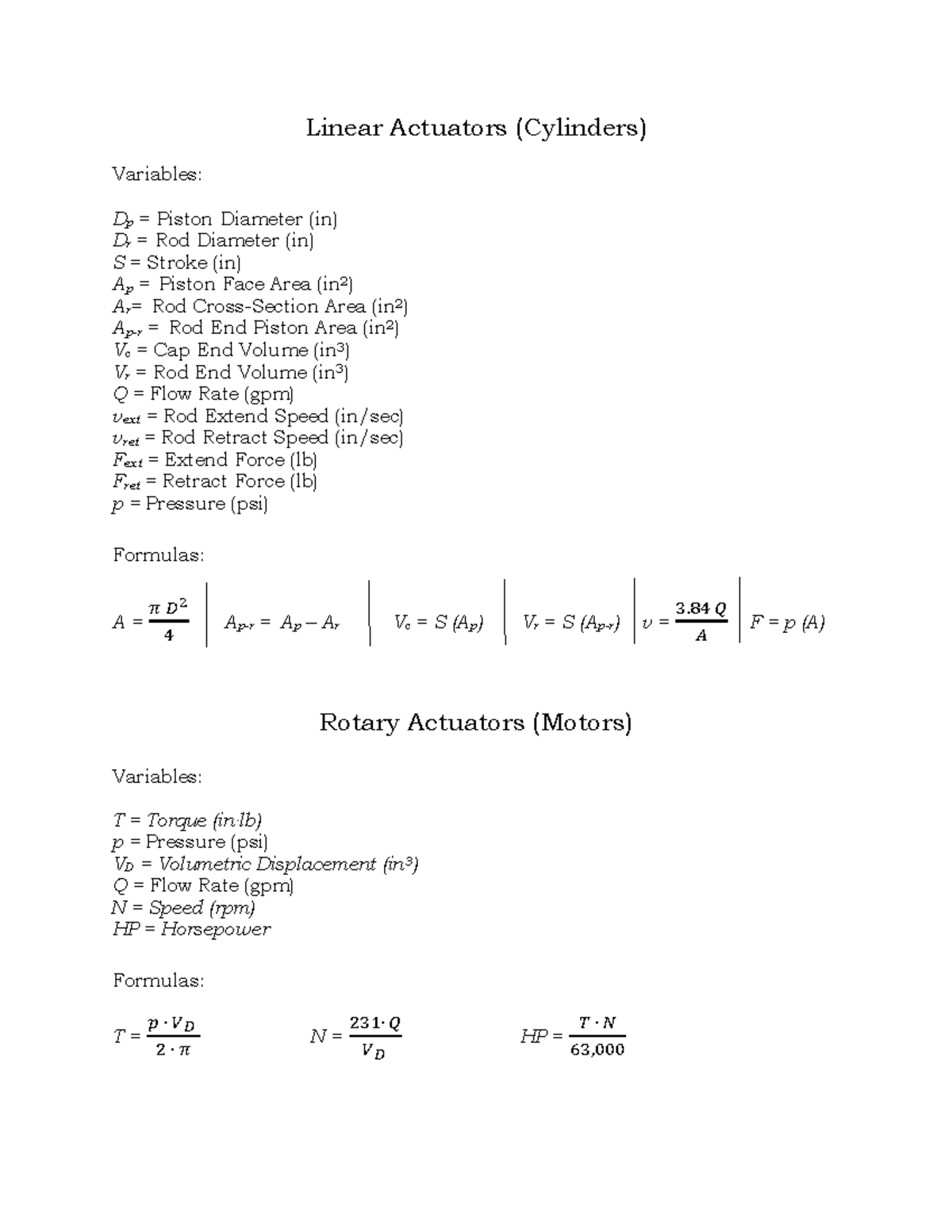 All Variables And Formulas equation sheet - Linear Actuators (Cylinders ...