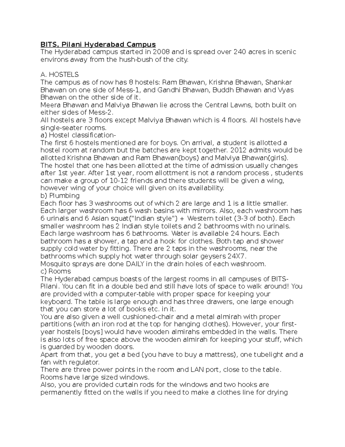 All info - BITS Hyderbad Campus - BITS, Pilani Hyderabad Campus The ...