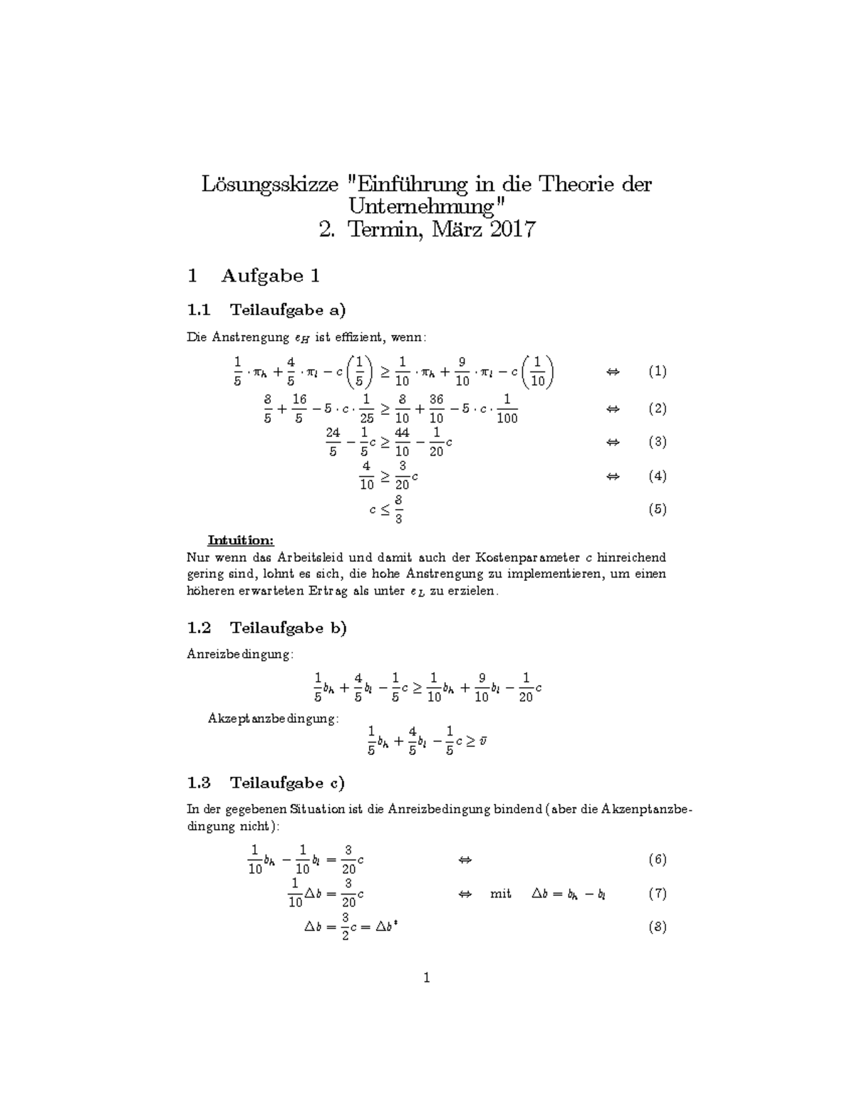 BWL A WS2016 17 2. Termin-Loesungsskizze - Lˆsungsskizze "Einf ̧hrung in die Theorie der - Studocu