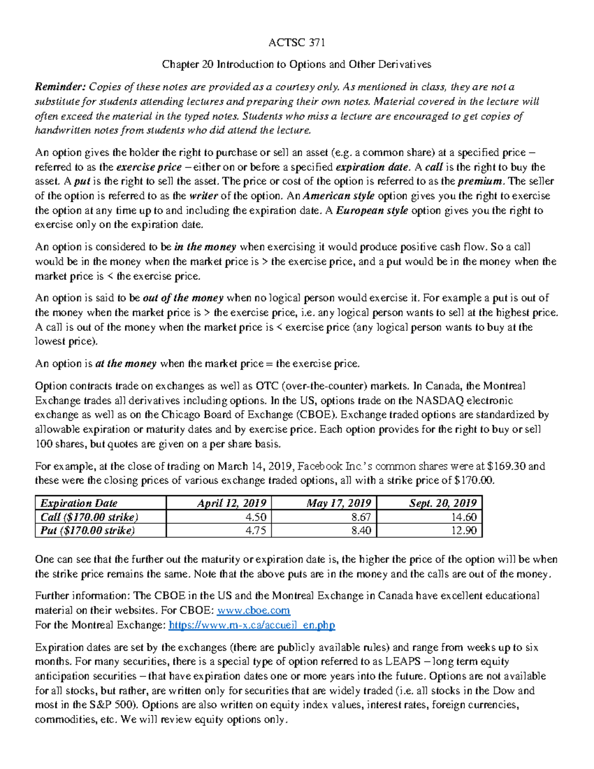 Actsc 371 Chpt 20 Intro to Options - ACTSC 371 Chapter 20 Introduction to Options and Other ...