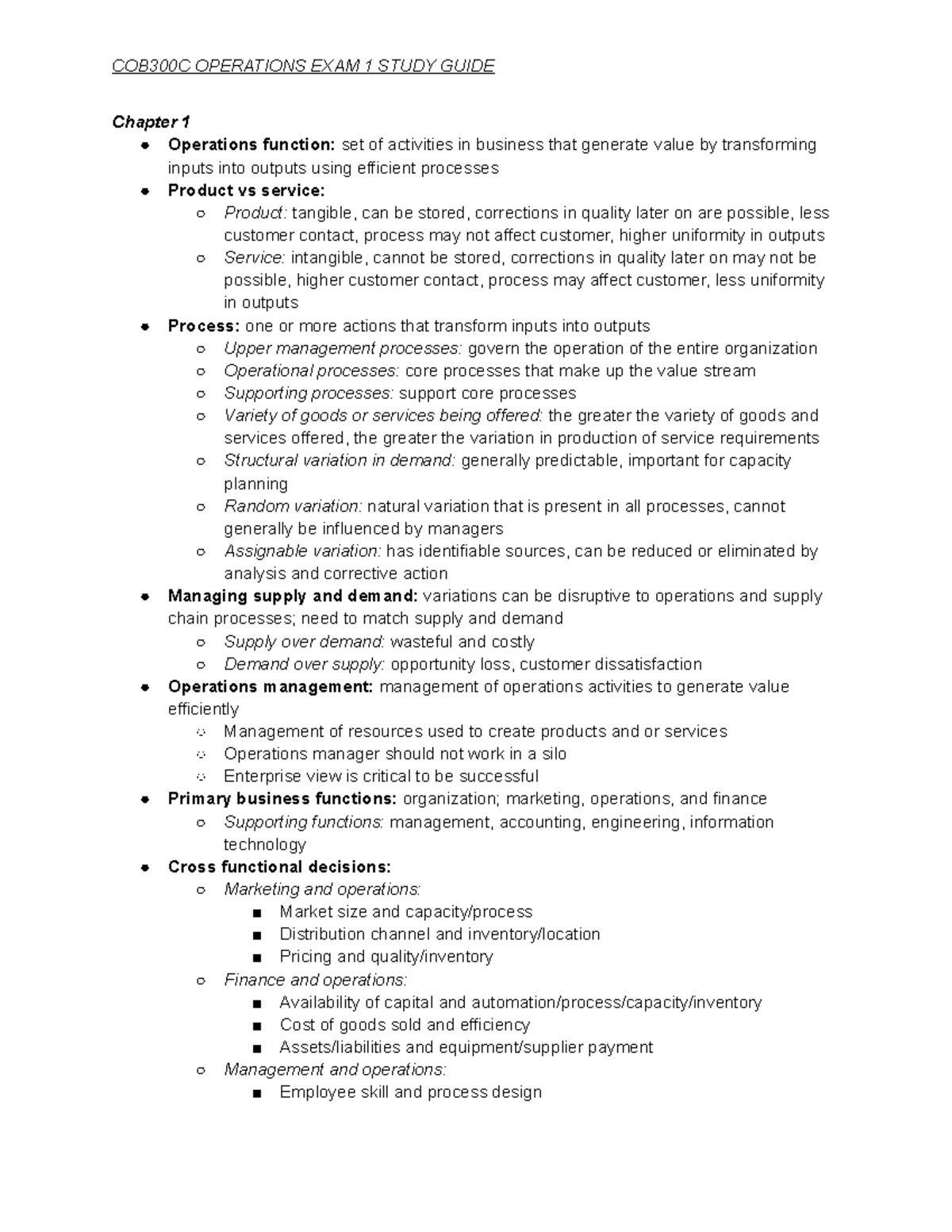 COB300C Exam 1 Study Guide - Chapter 1 Operations function: set of ...