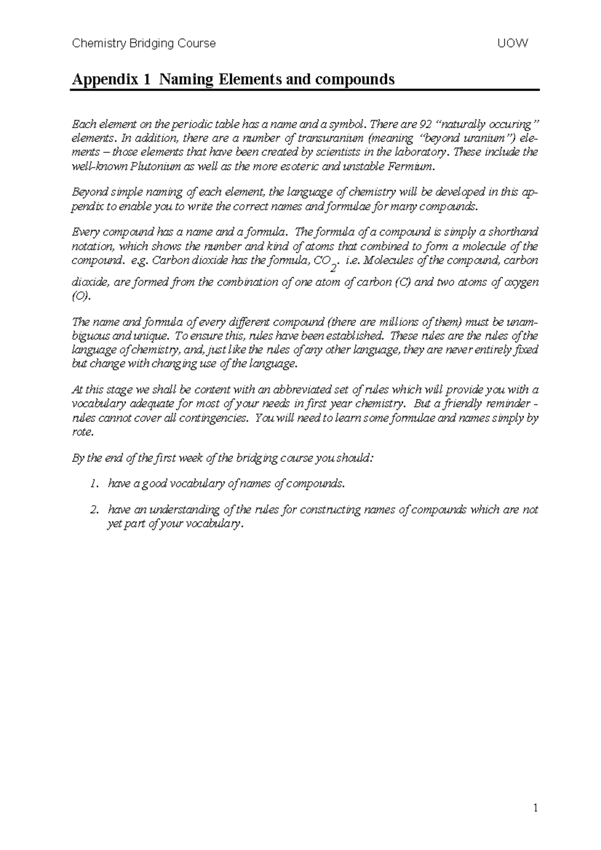 Naming Compounds - Appendix 1 Naming Elements and compounds Each ...