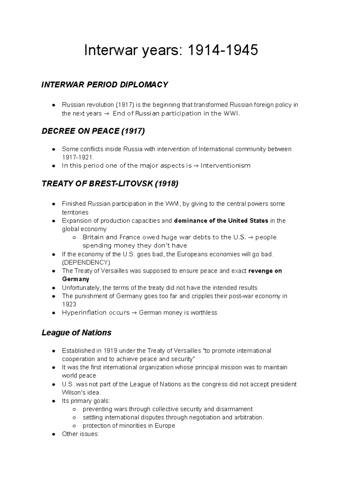4. Interwar years 1914-1945 - Interwar years: 1914- INTERWAR PERIOD ...