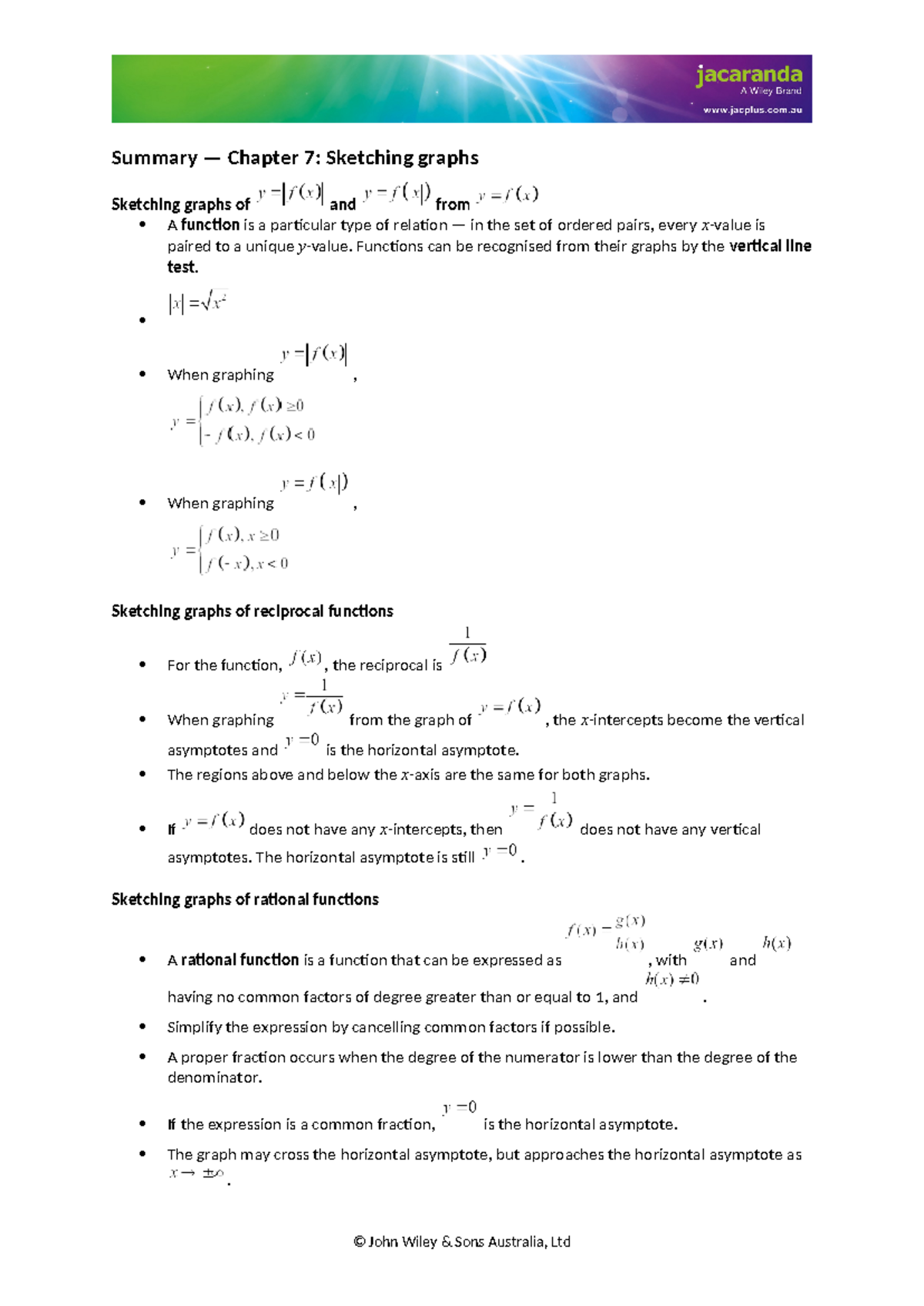Chapter 7 - Summary — Chapter 7: Sketching graphs Sketching graphs of ...