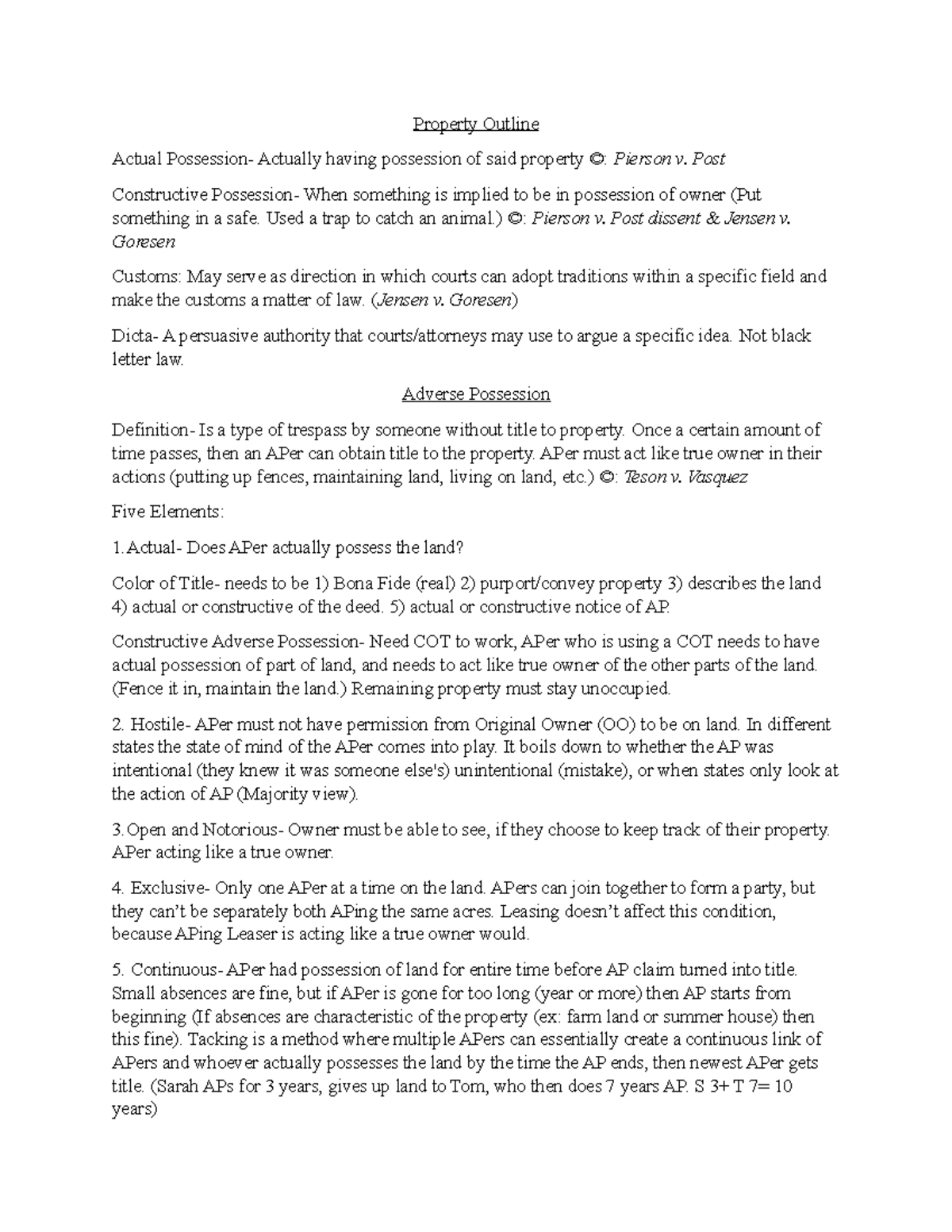 Deans fellow Prop. Outline - Property Outline Actual Possession ...