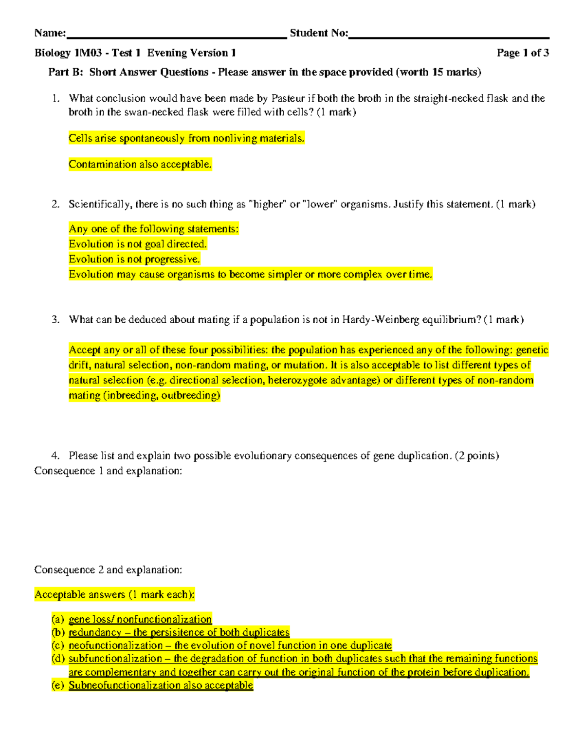 Bio 1M03 Winter 2013 Test 1 w ANS - Name: Student No: Biology 1M03 ...