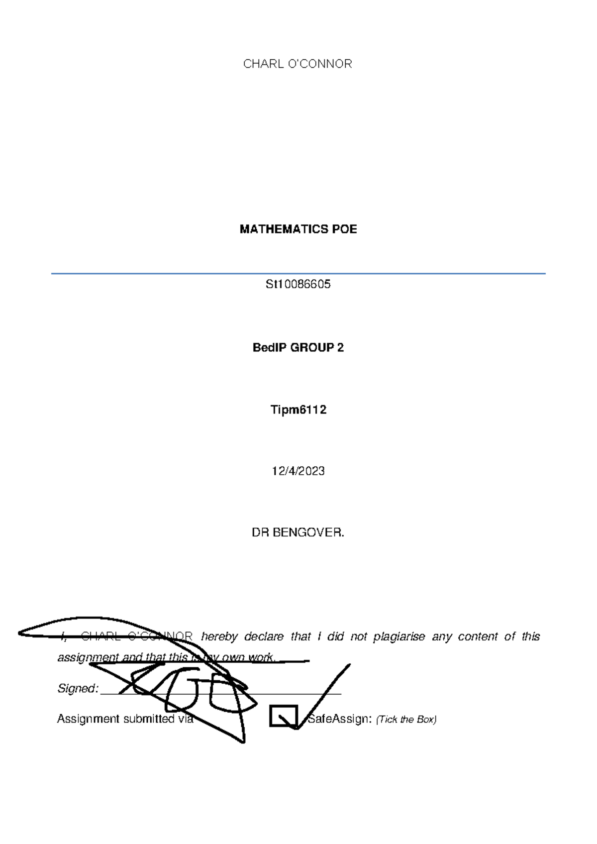 Maths poe 2023 - n/a - CHARL O’CONNOR MATHEMATICS POE St BedIP GROUP 2 ...