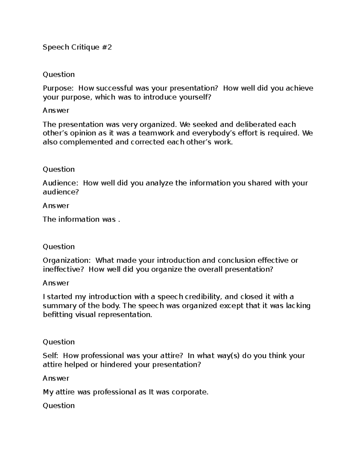 Speech Critique 2 - We seeked and deliberated each other’s opinion as ...