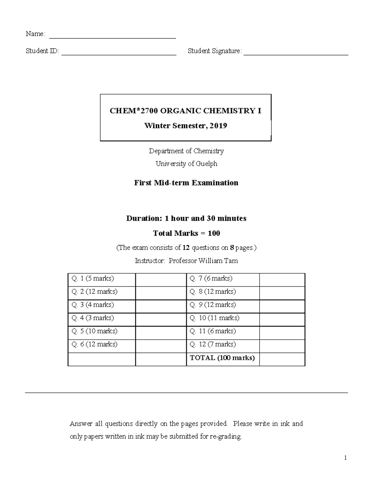 CHEM2700 Exam 2019 W1st Midterm - Name: Student ID: Student Signature ...