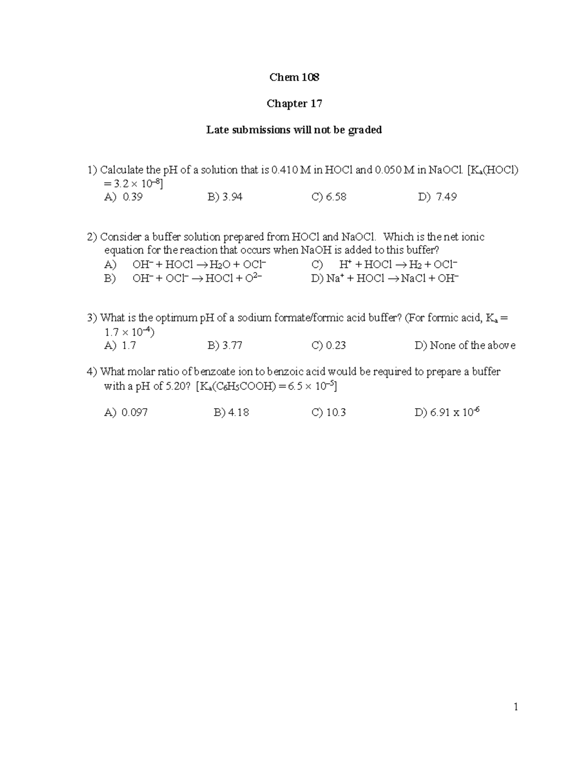 Ch. 17 practice questions - CHEM 108 - UL Lafayette - Studocu