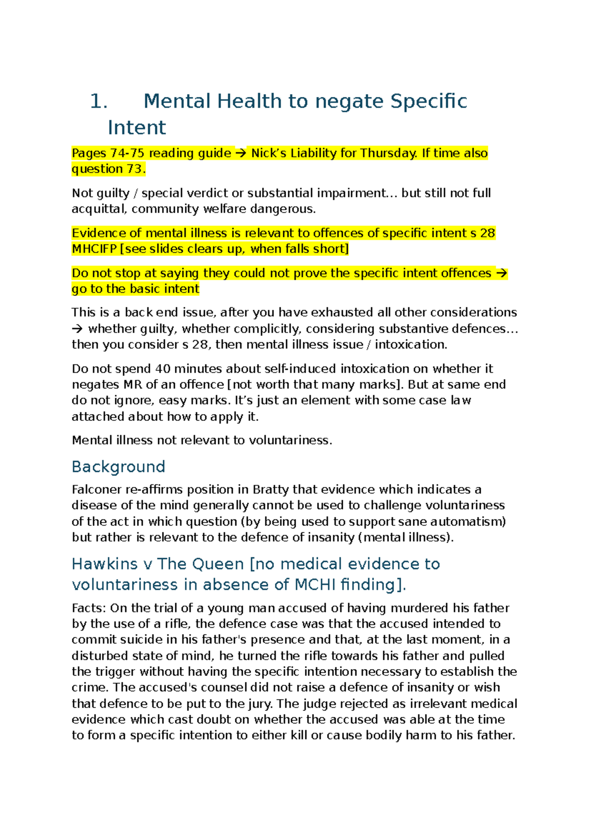 On-Call Notes for Mental Illness / Intox to negate Intent - 1. Mental ...