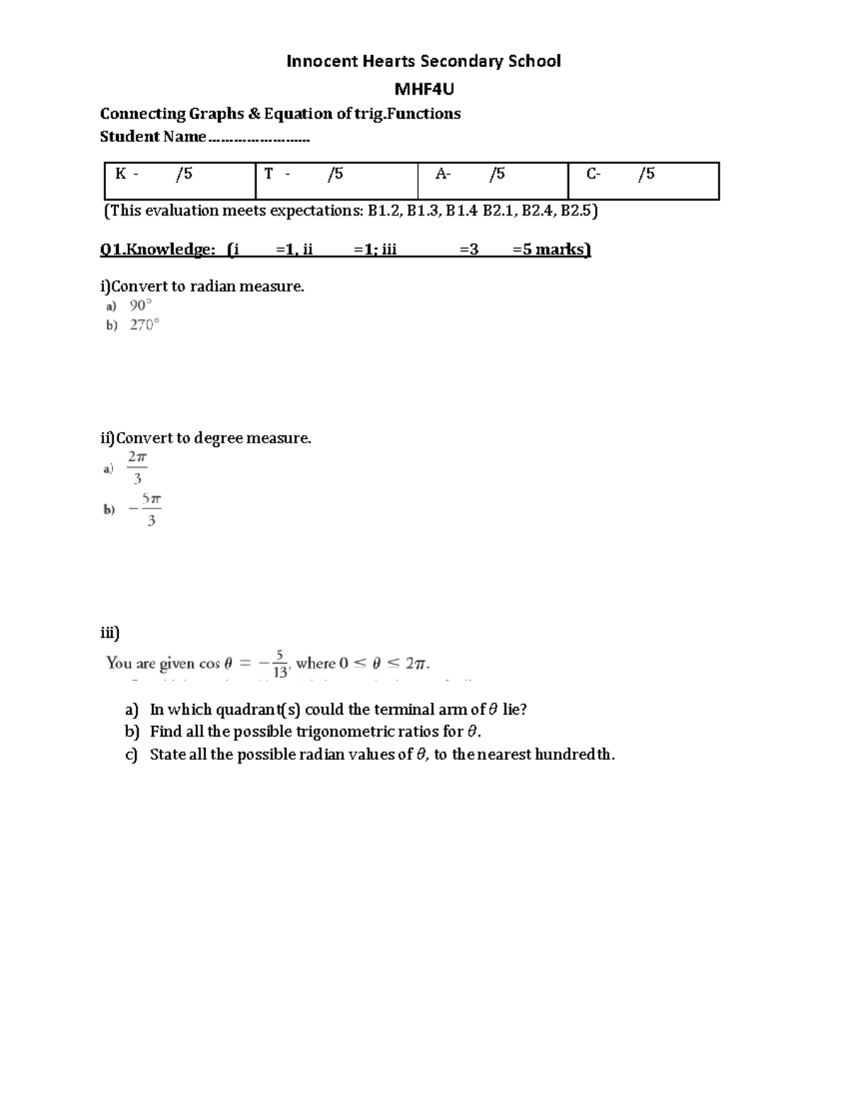 Unit 2 Assignment 1 Innocent Hearts - MHF4U Connecting Graphs ...