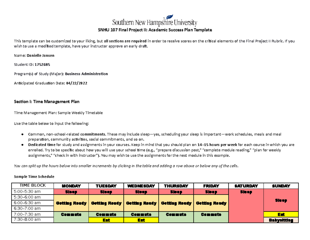 SNHU 107 Final Project II Academic Success Plan Template - If you wish ...