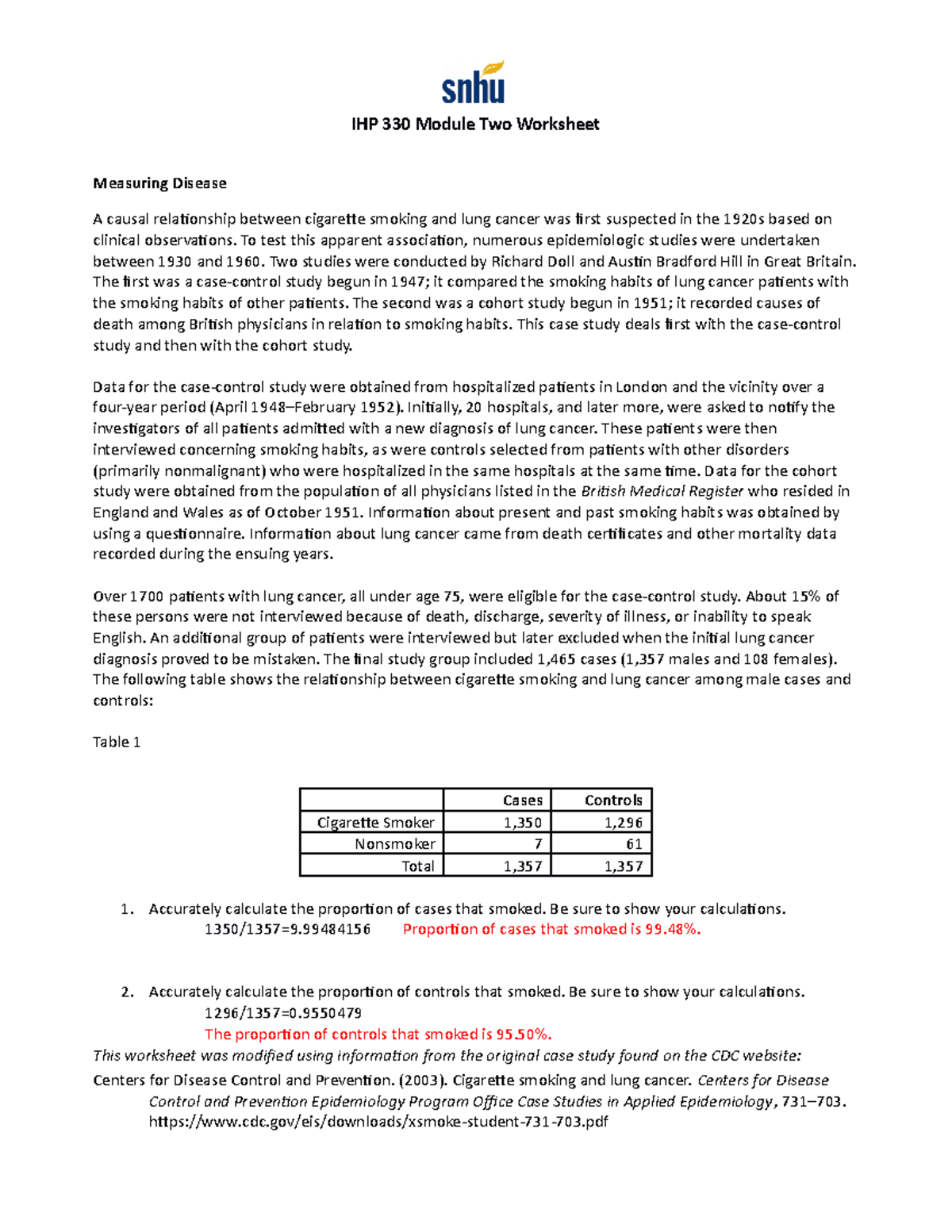 Worksheet week 2 - IHP 330 Module Two Worksheet Measuring Disease A ...