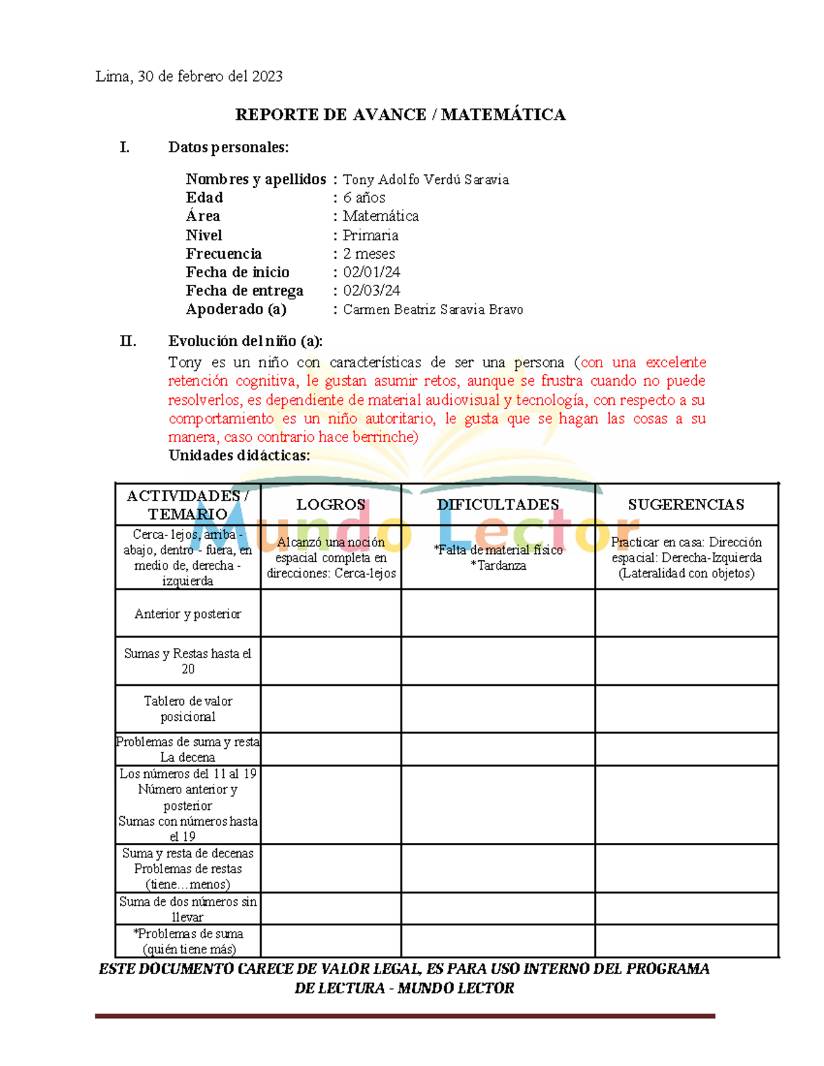 Reporte Modelo 1° - Lima, 30 de febrero del 2023 REPORTE DE AVANCE ...