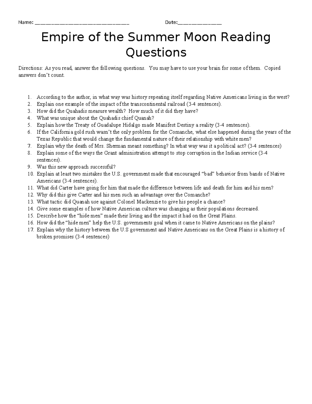 Empire of the Summer Moon Reading Questions - Name ...