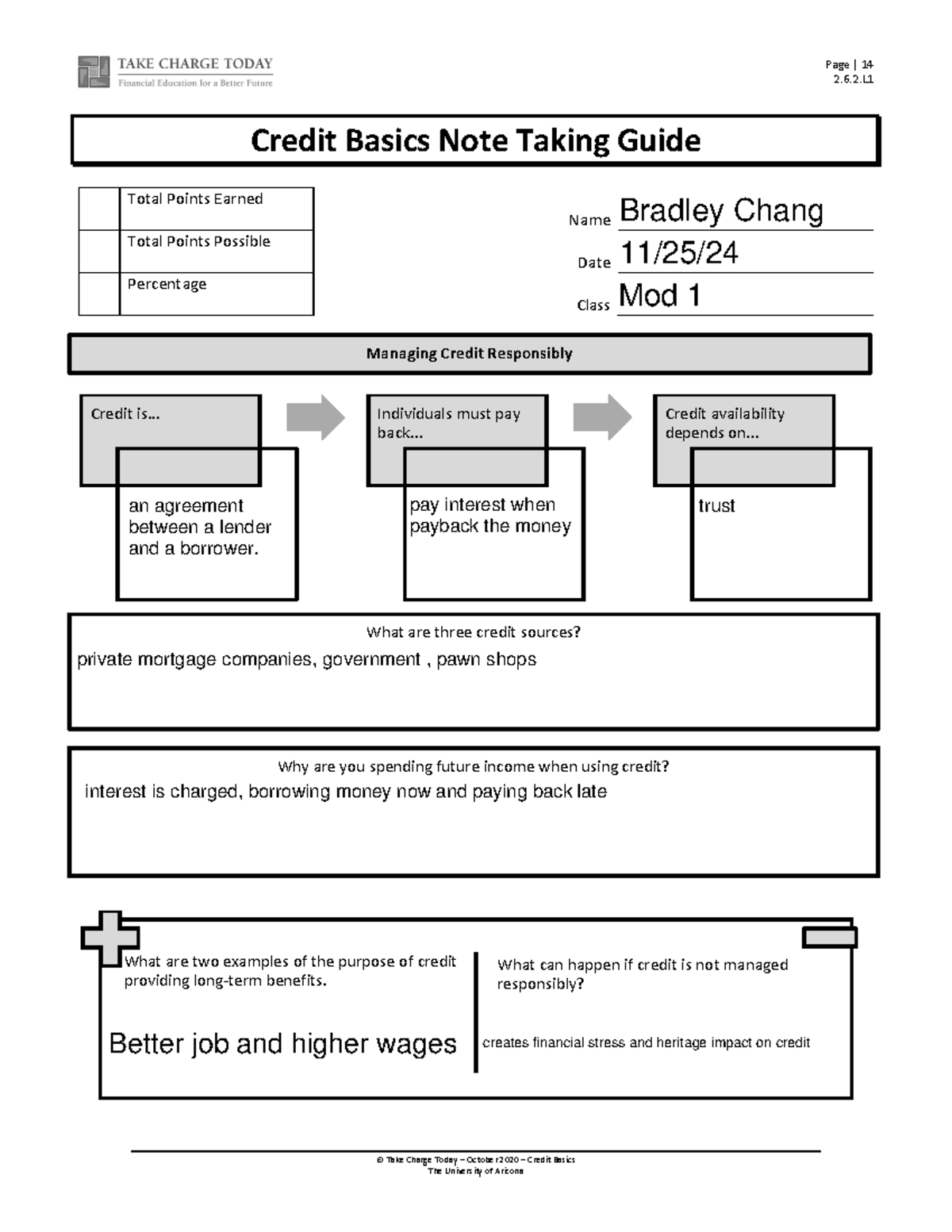 Credit Basics Note Taking Guide 2.6 - Page | 14 2.6.2 © Take Charge ...