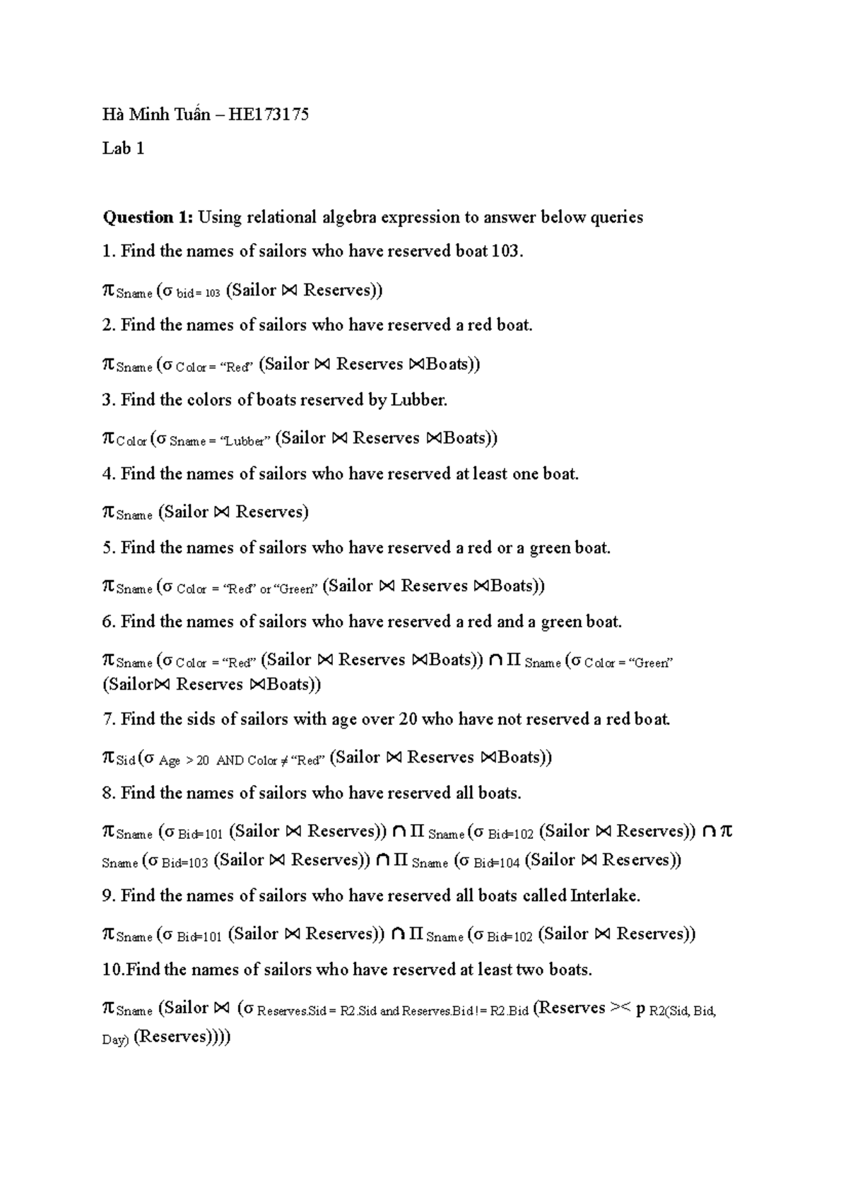 HE173175 DBI202 Lab1 - ssssss - Hà Minh Tuấn – HE Lab 1 Question 1 ...