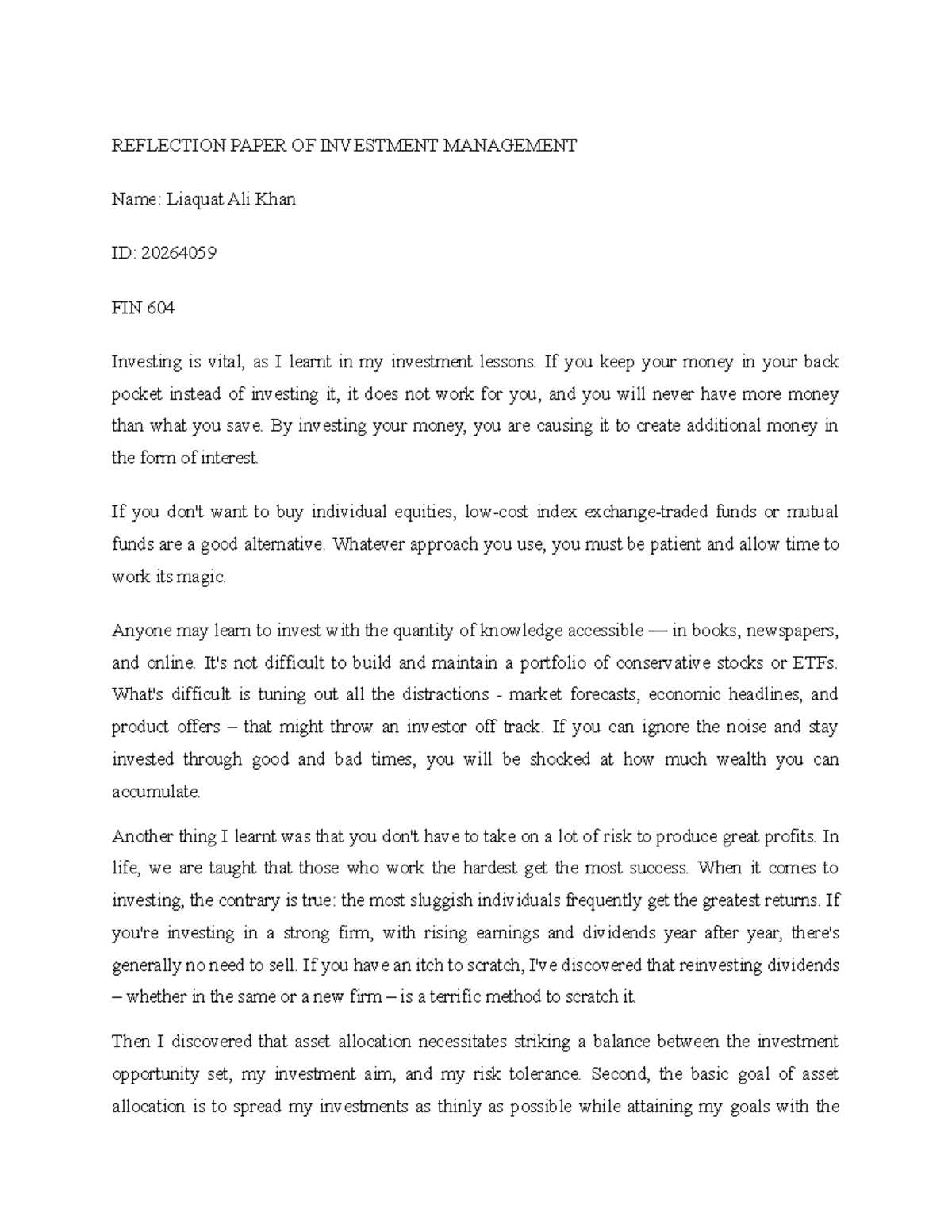 Reflection Paper OF Investment Management - REFLECTION PAPER OF ...