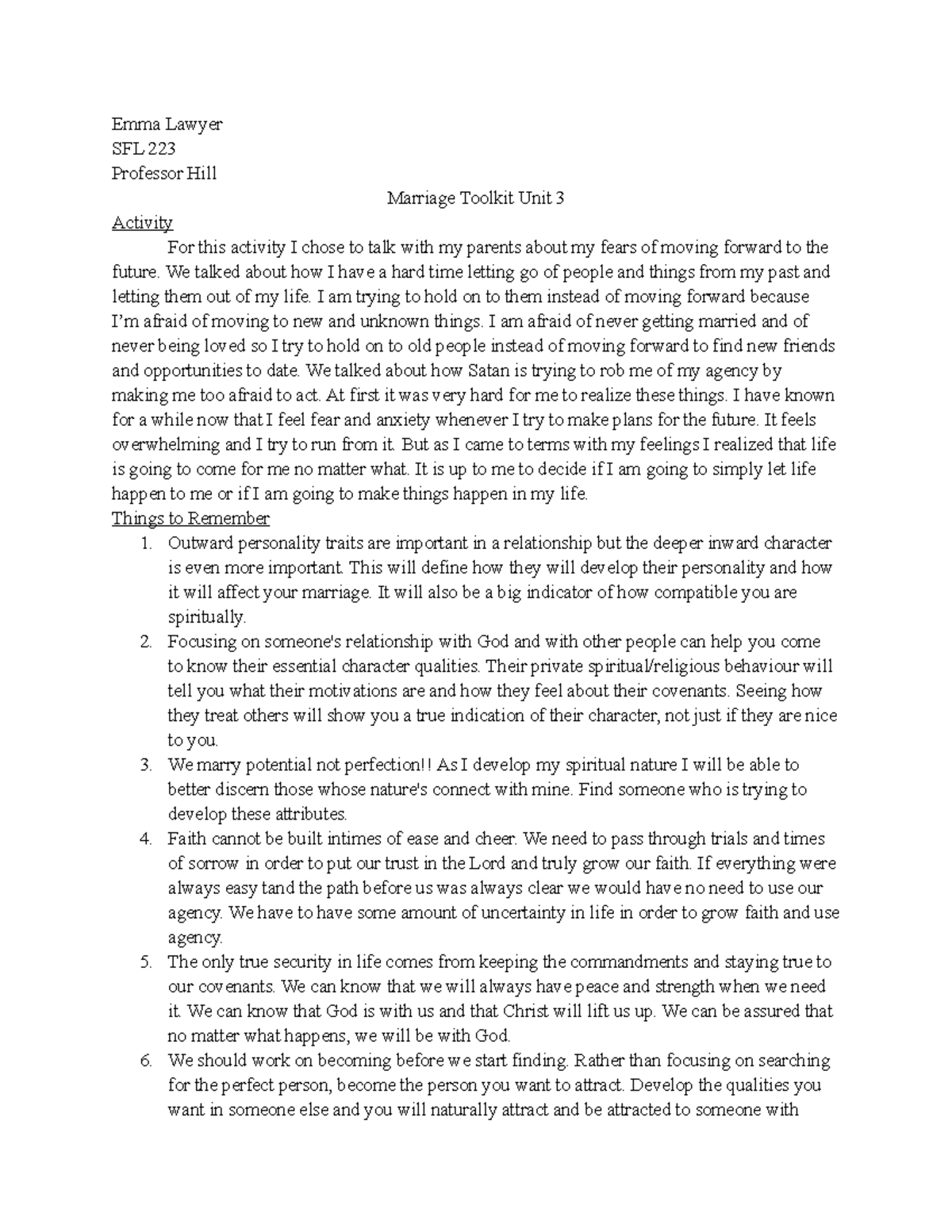 Marriage Toolkit Unit 3 - Emma Lawyer SFL 223 Professor Hill Marriage ...