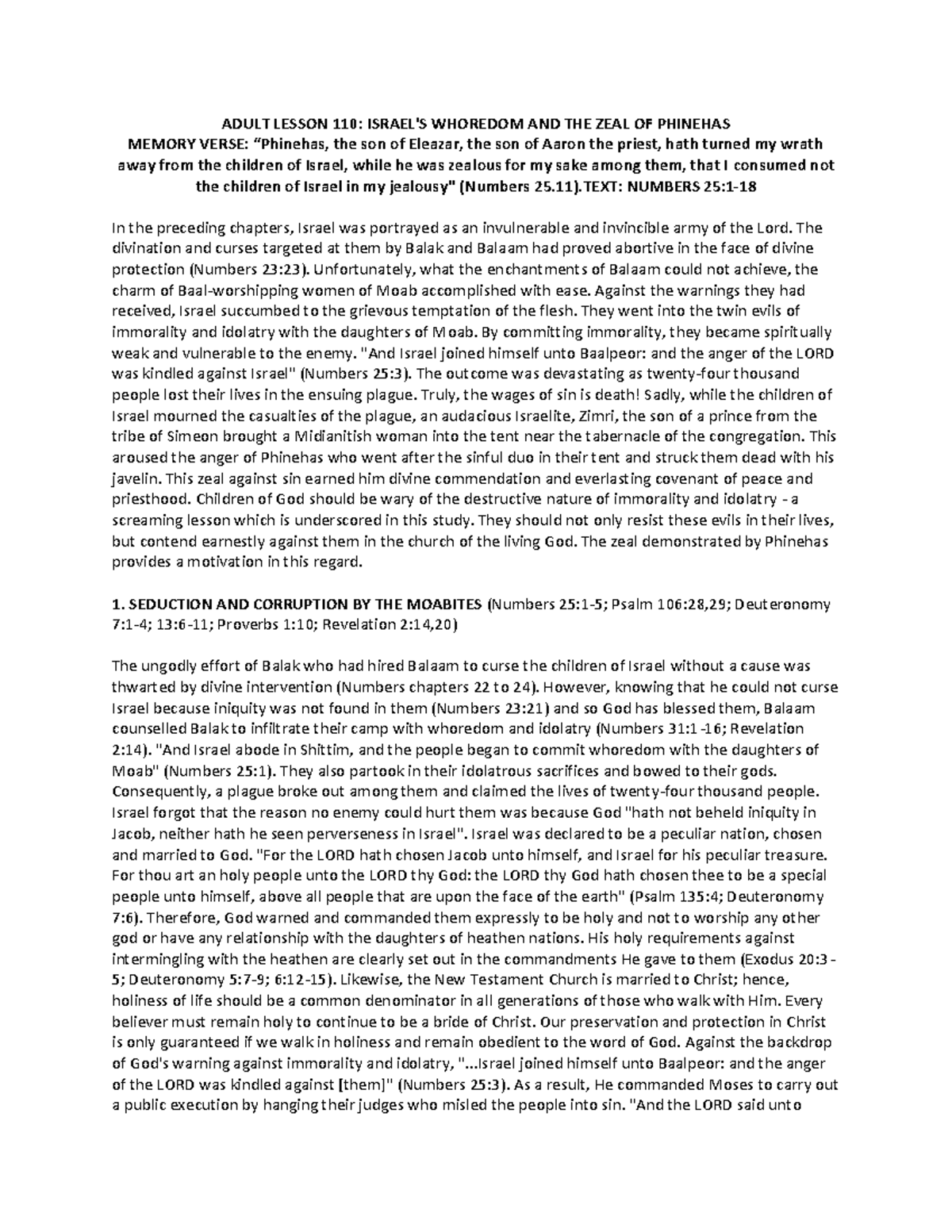 Adult Lesson 110 Israel'S Whoredom AND THE ZEAL OF Phinehas - ADULT ...