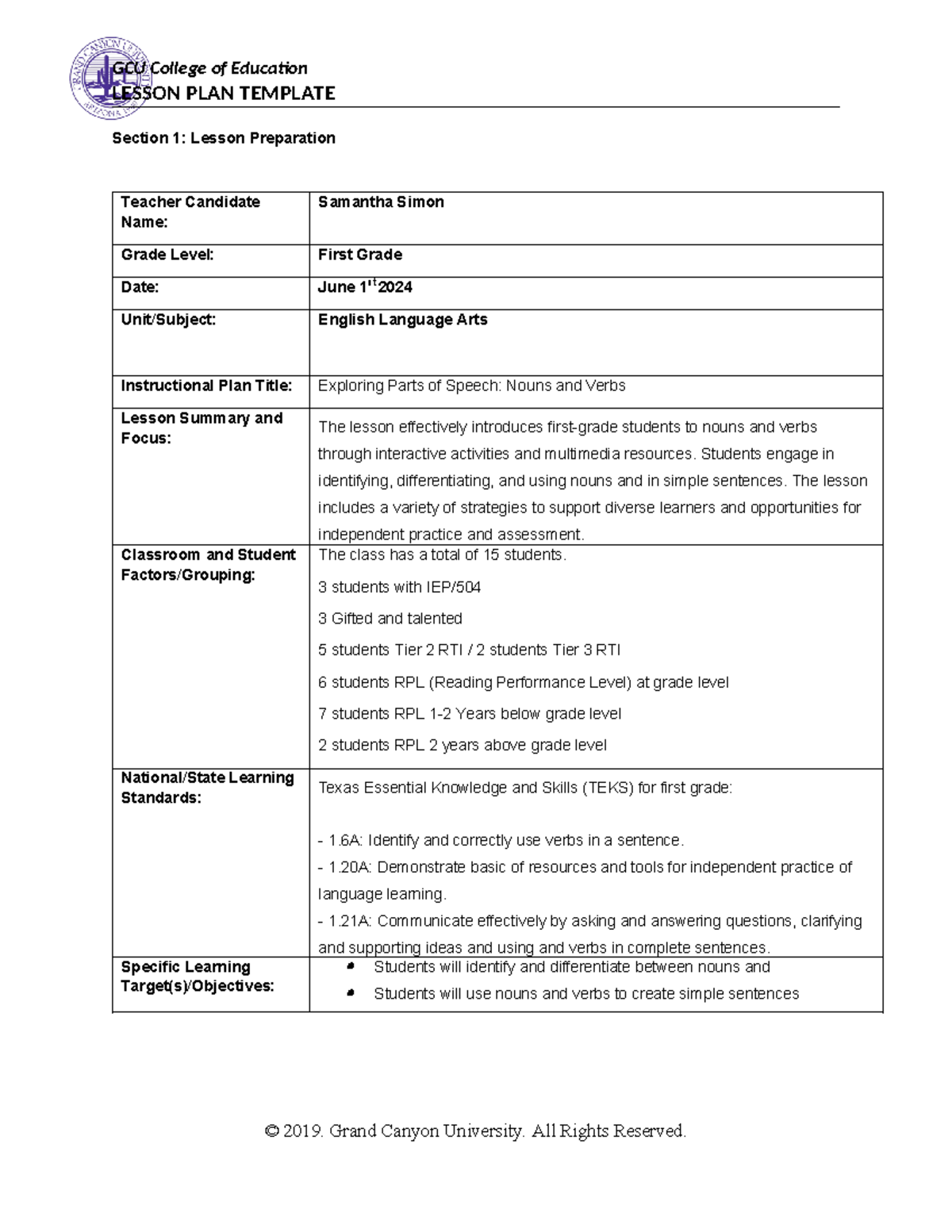 Grammar and Writing Instruction Lessone Plan S. Simon - LESSON PLAN ...