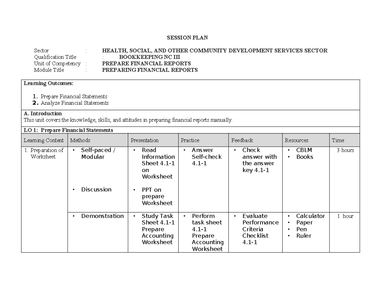Session PLAN TM1 - Financial Statements - SESSION PLAN Sector : HEALTH ...