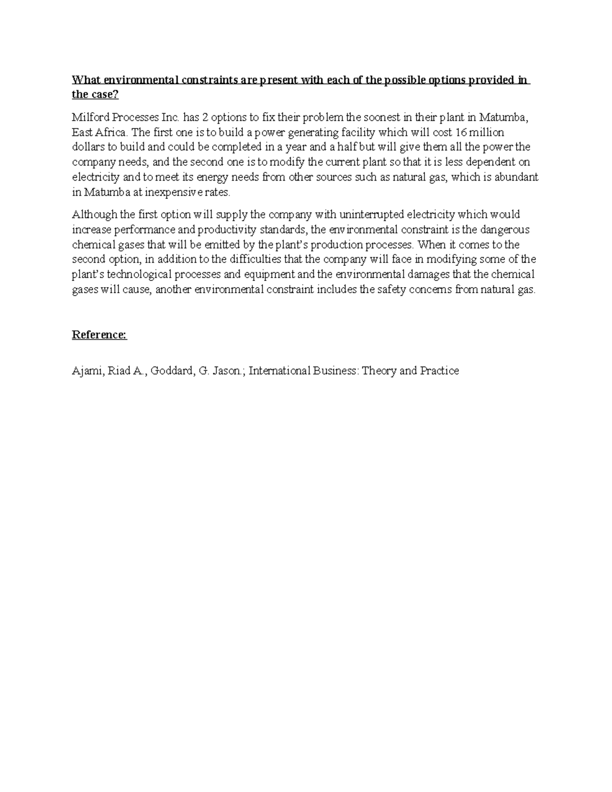 Module 7 Case Discussion - Case Study 11.1 Milford Processes Inc - What ...
