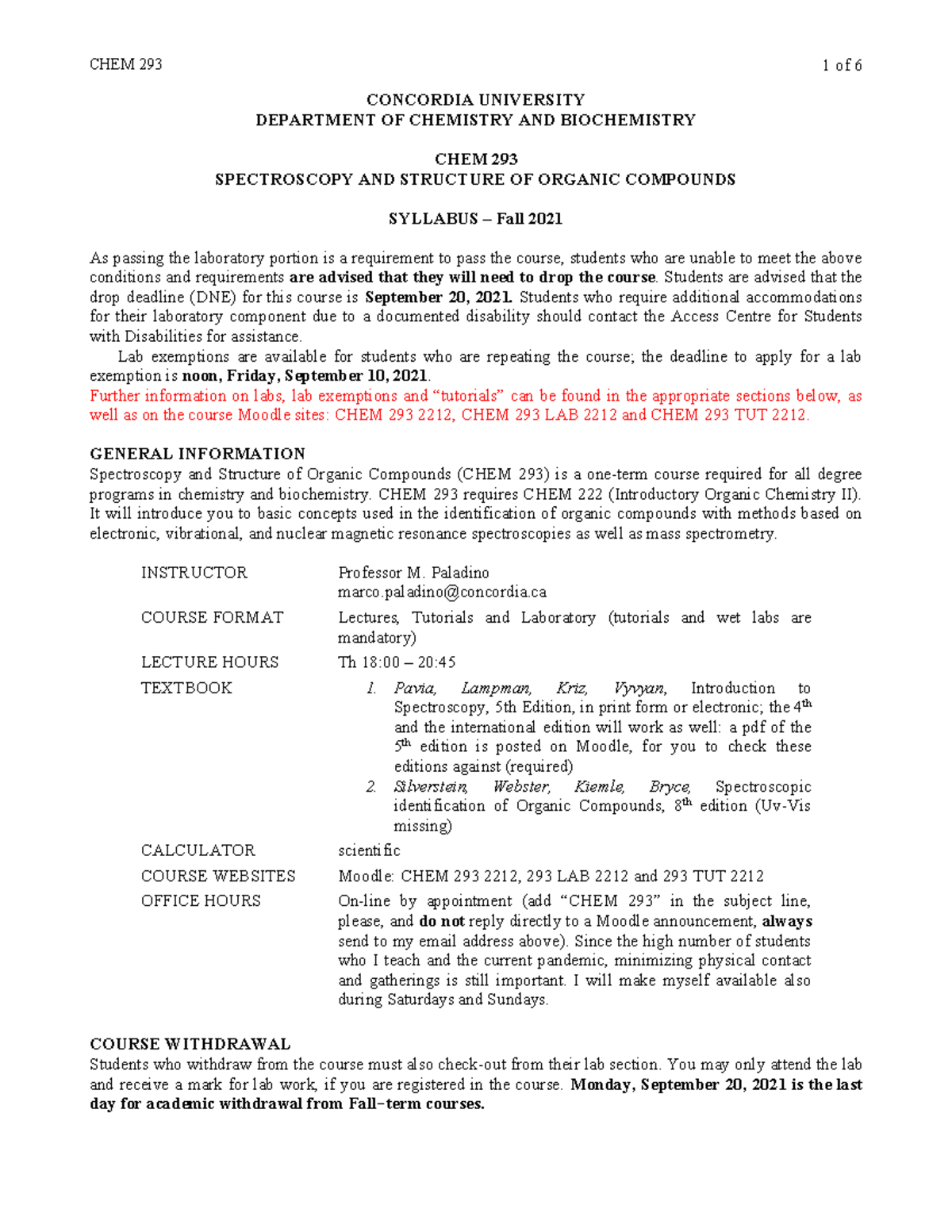 CHEM293 Outline - CONCORDIA UNIVERSITY DEPARTMENT OF CHEMISTRY AND ...