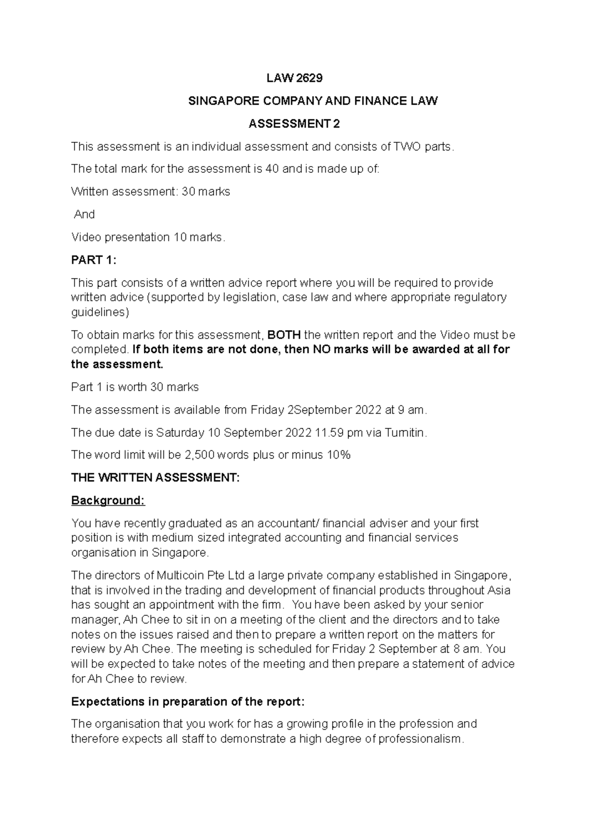 Assessment 2 Written Report Assignment Semester 3 - LAW 2629 SINGAPORE ...