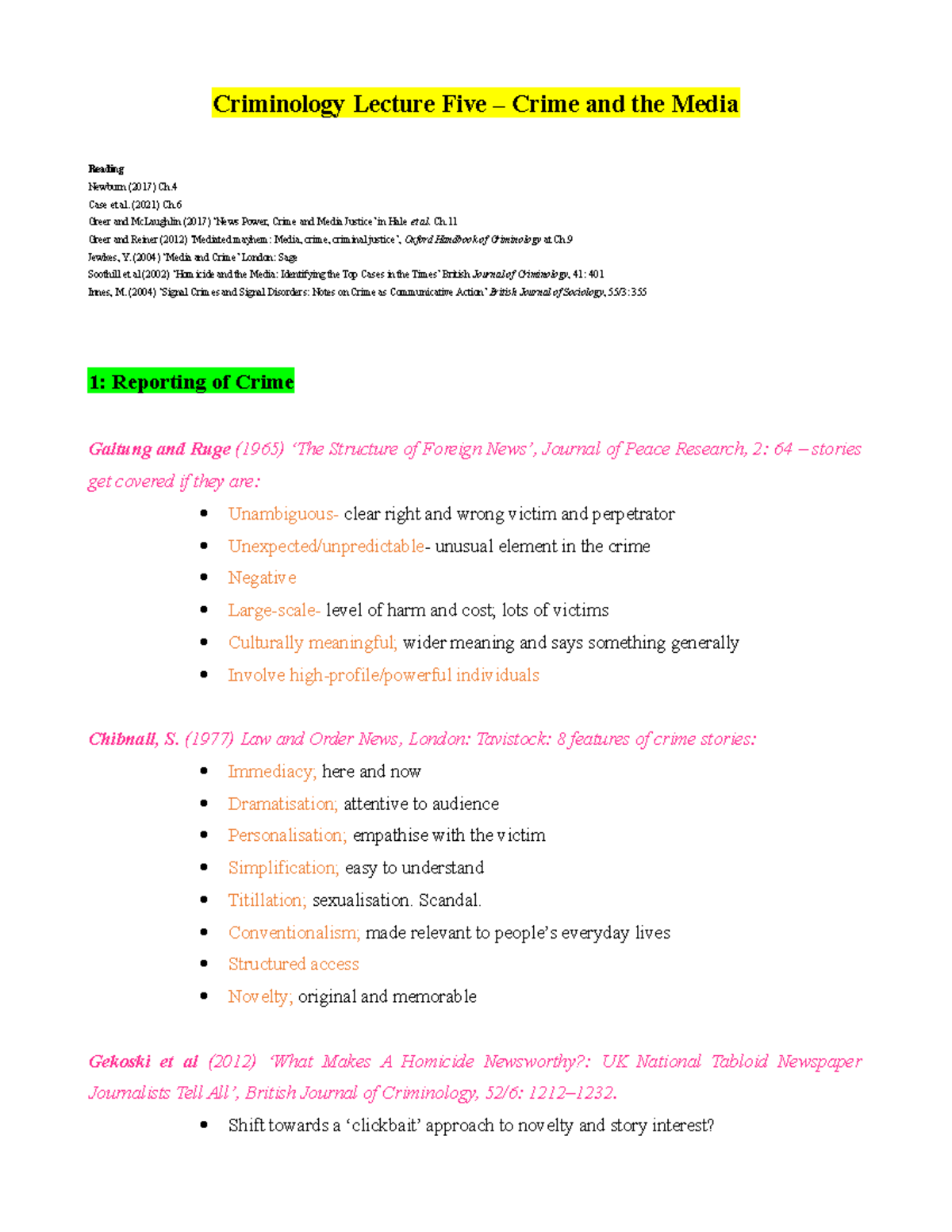 Crime and media copy - Lecture notes 4 - Criminology Lecture Five ...