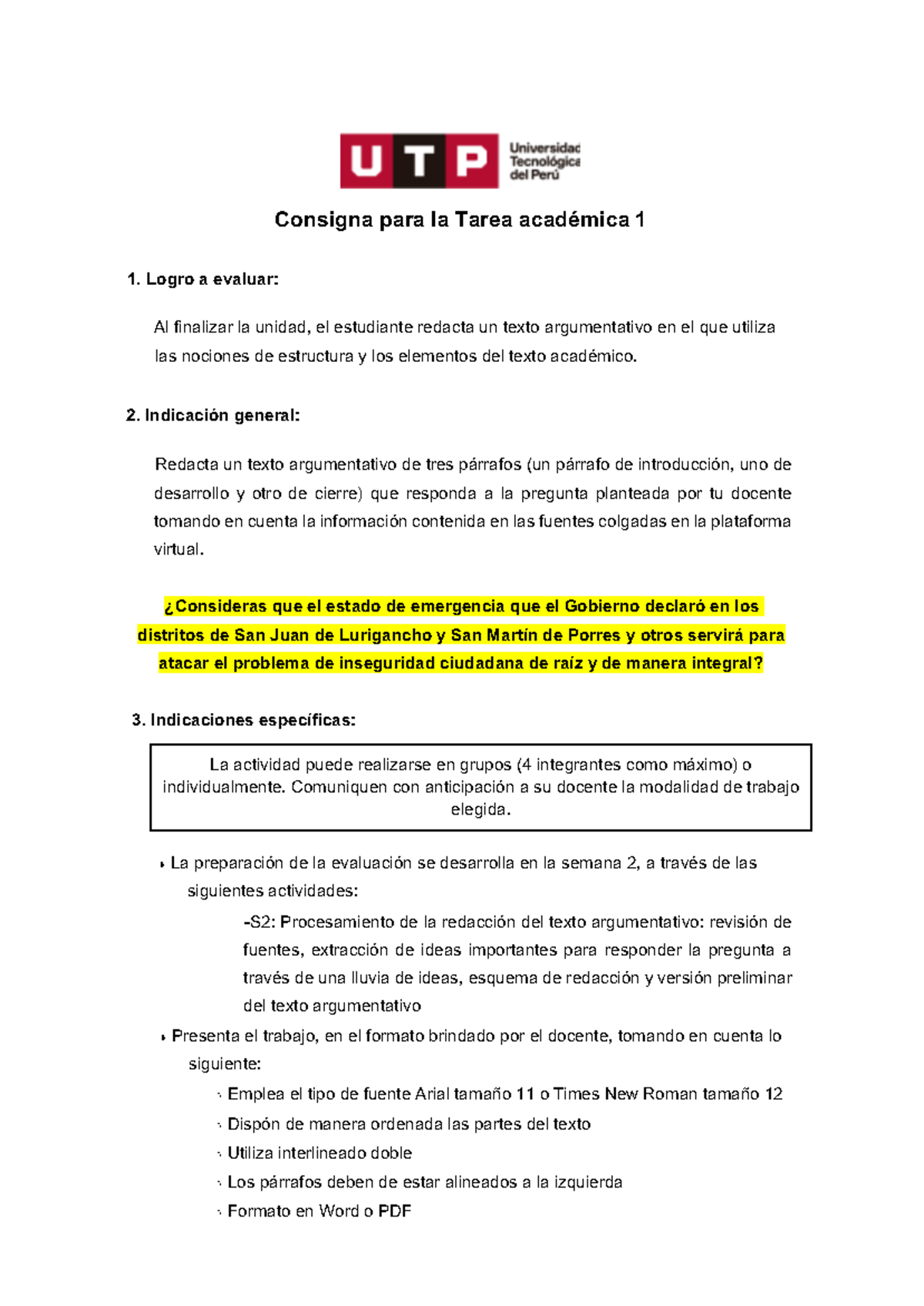 Indicaciones TA1 V - Consigna para la Tarea académica 1 1. Logro a ...