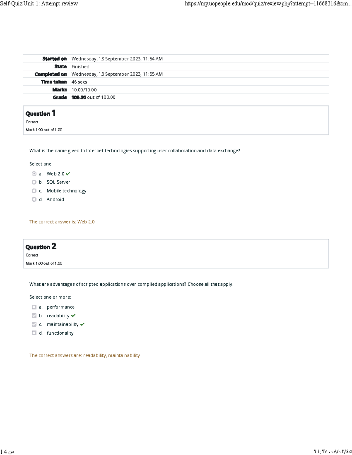 Self-Quiz Unit 1 Attempt review - Wednesday, 13 September 2023, 11:54 AM Finished Wednesday, 13 ...