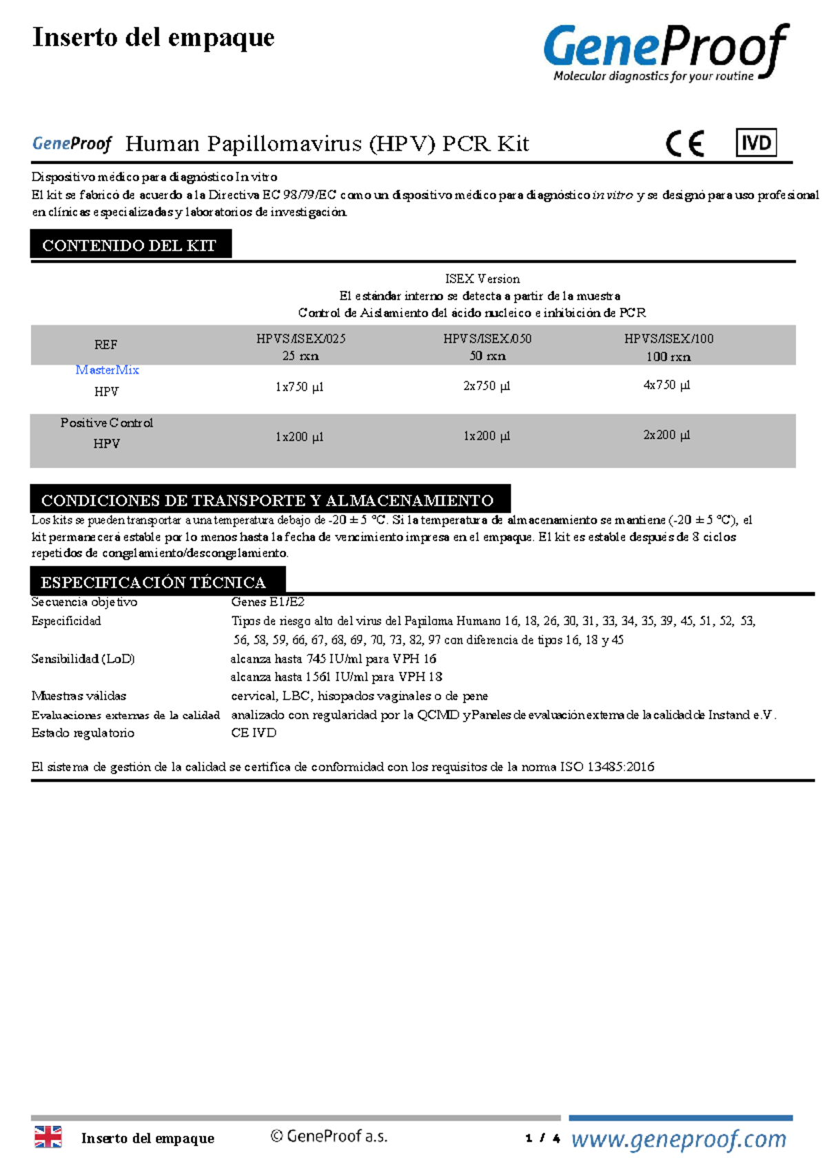 Inserto- Geneproof Human Papillomavirus (HPV) PCR Kit - Human ...