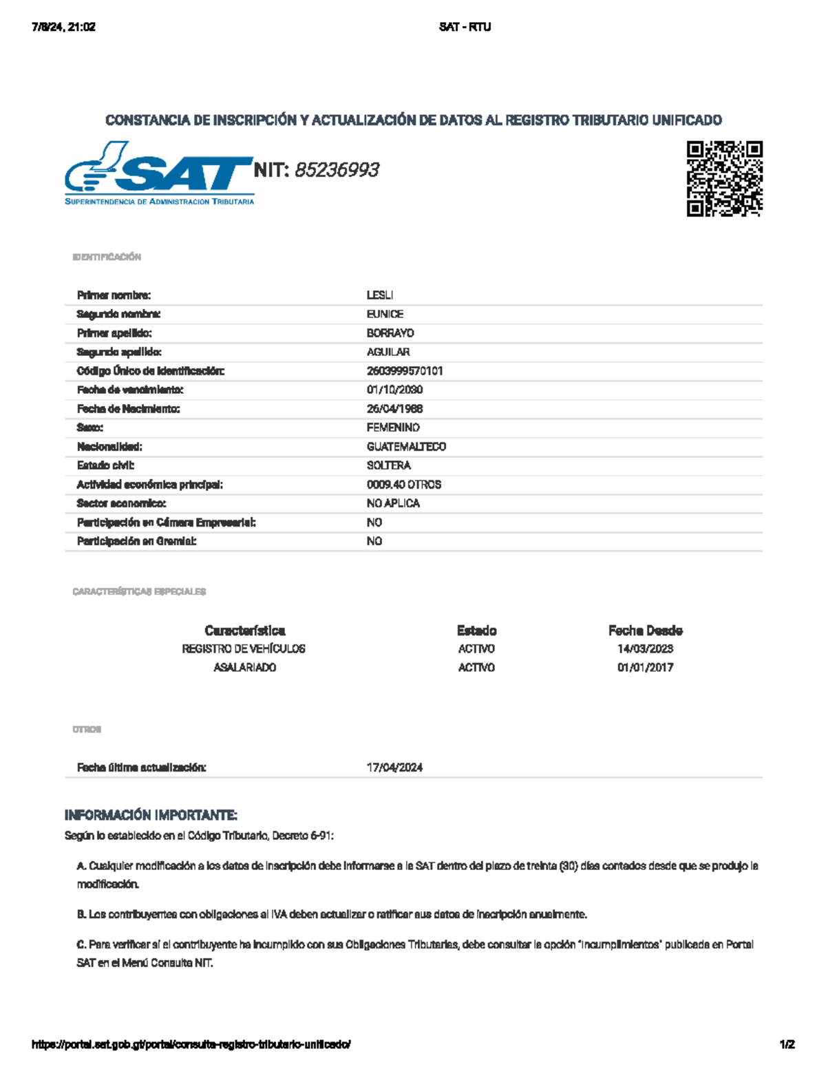 Portal SAT Impresión de RTU - Guatemala - 21:02 SAT RTU CONSTANCIA DE ...
