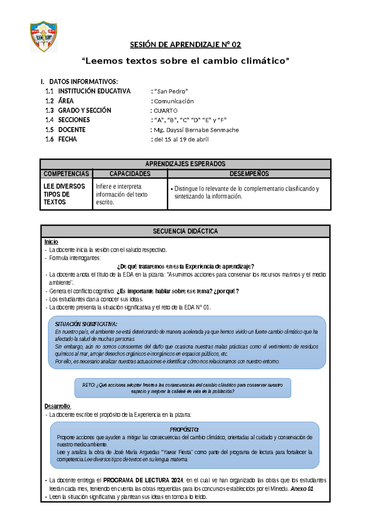 E1 S2 Leemos una infografía sobre el cambio climático - SESIÓN DE APRENDIZAJE N° 02 “Leemos ...