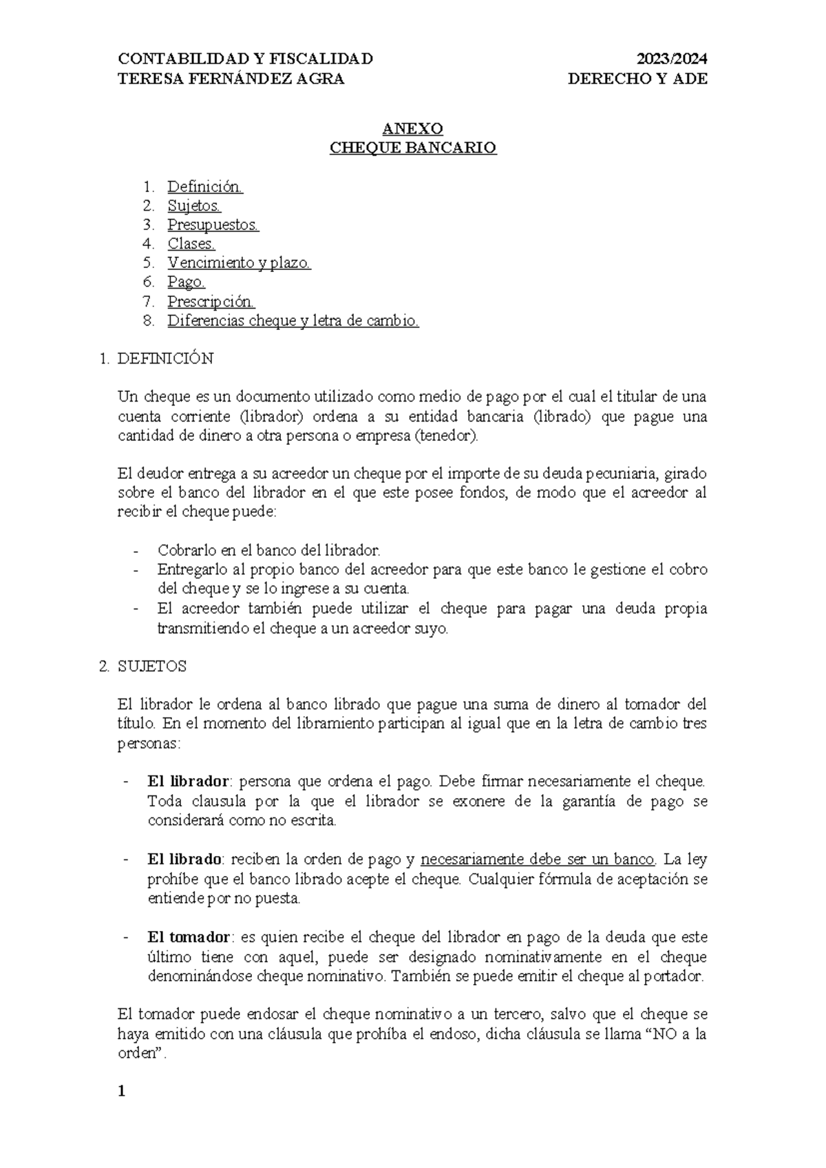 Anexo cheque bancario - TERESA FERNÁNDEZ AGRA DERECHO Y ADE ANEXO ...