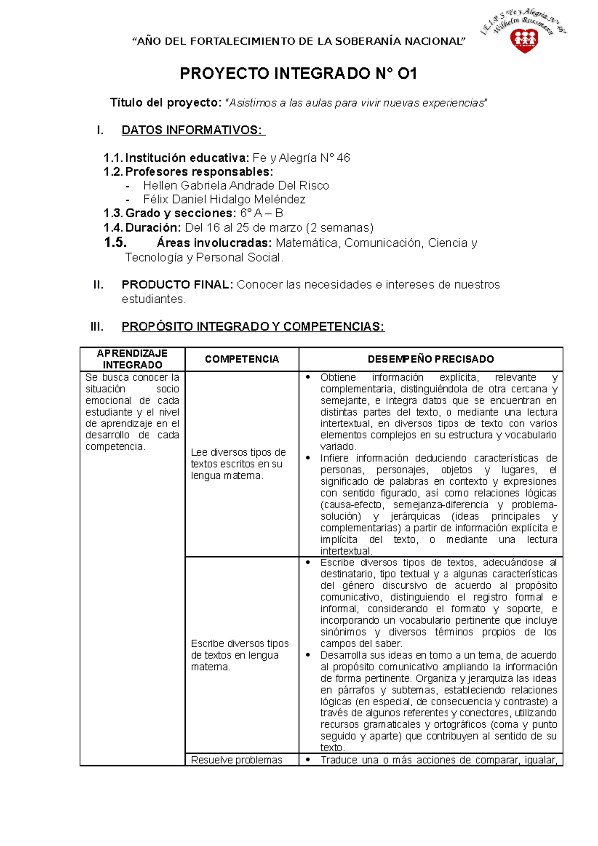 Proyecto Integrado N°01 - 6° FDHM - PROYECTO INTEGRADO N° O Título del ...