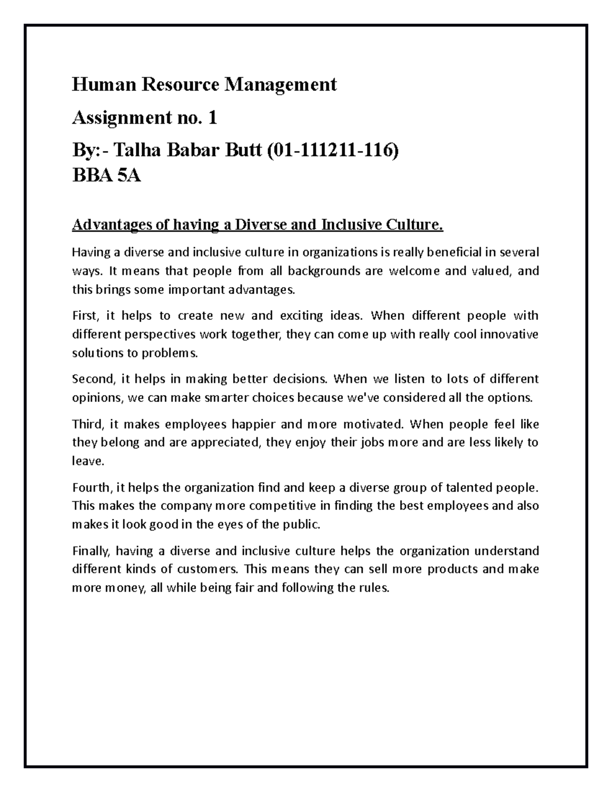Talha-1 - Assignment - Human Resource Management Assignment no. 1 By:- Talha Babar Butt - Studocu