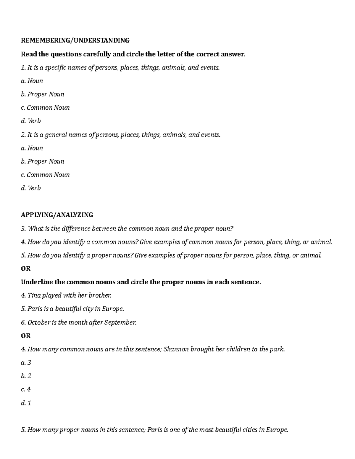 Common and Proper Nouns - REMEMBERING/UNDERSTANDING Read the questions ...