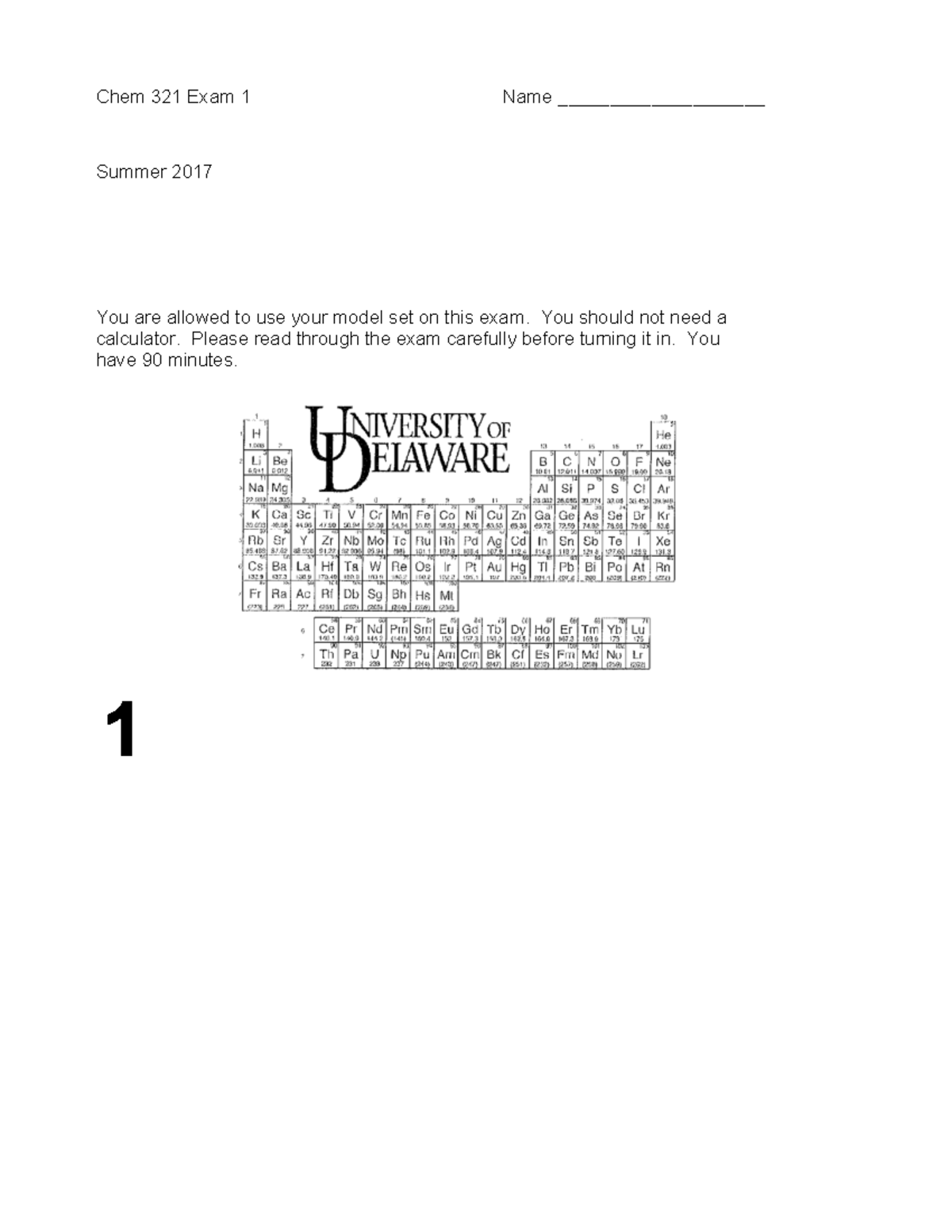 Summer exam 1 practice - Chem 321 Exam 1 Name ...