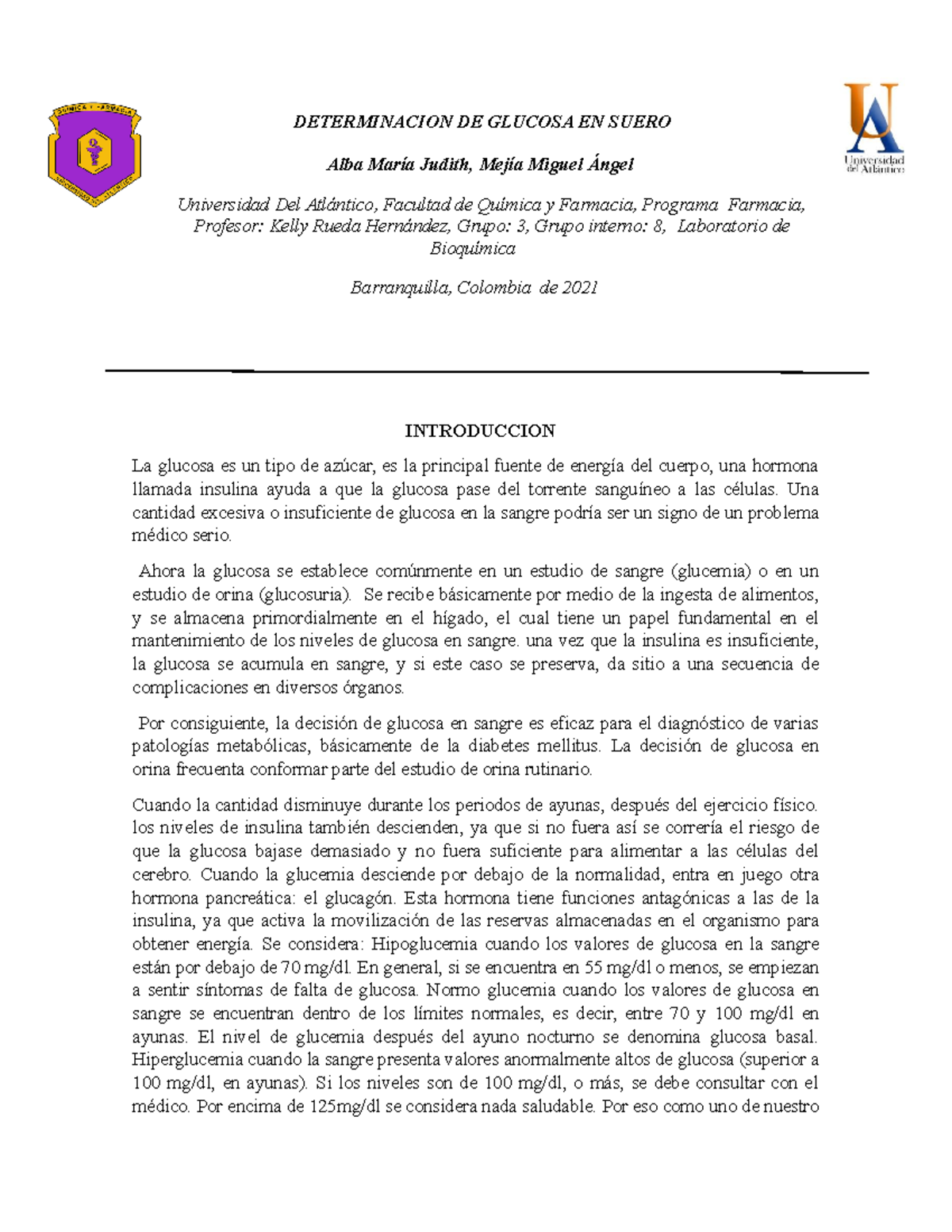 Informe de Determinacion de glucosa en suero - DETERMINACION DE GLUCOSA ...